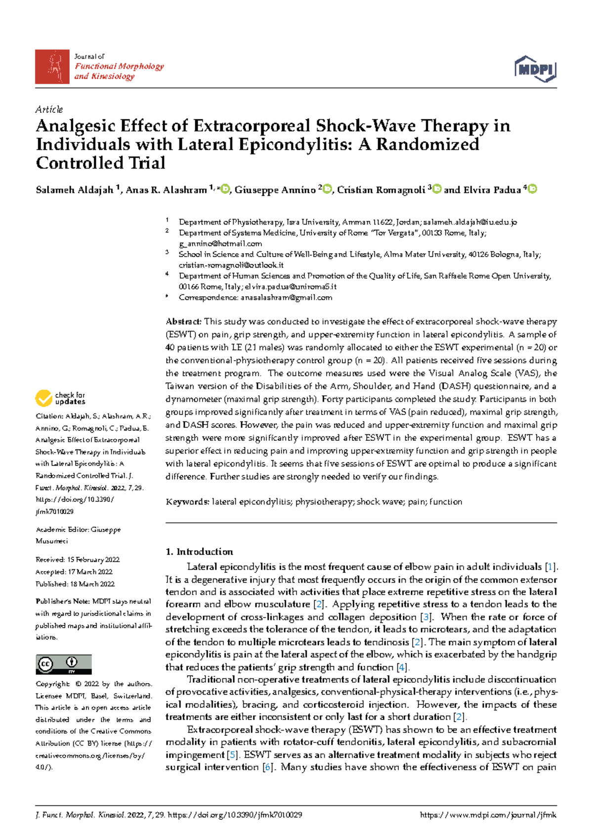 Analgesic Effects of ESWT on Lateral Epicondylitis: A RCT (JFMK 7010029 ...