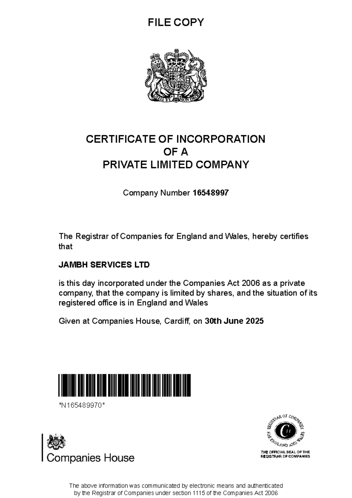 Certificate of Incorporation for JAMBH SERVICES LTD (Company No ...