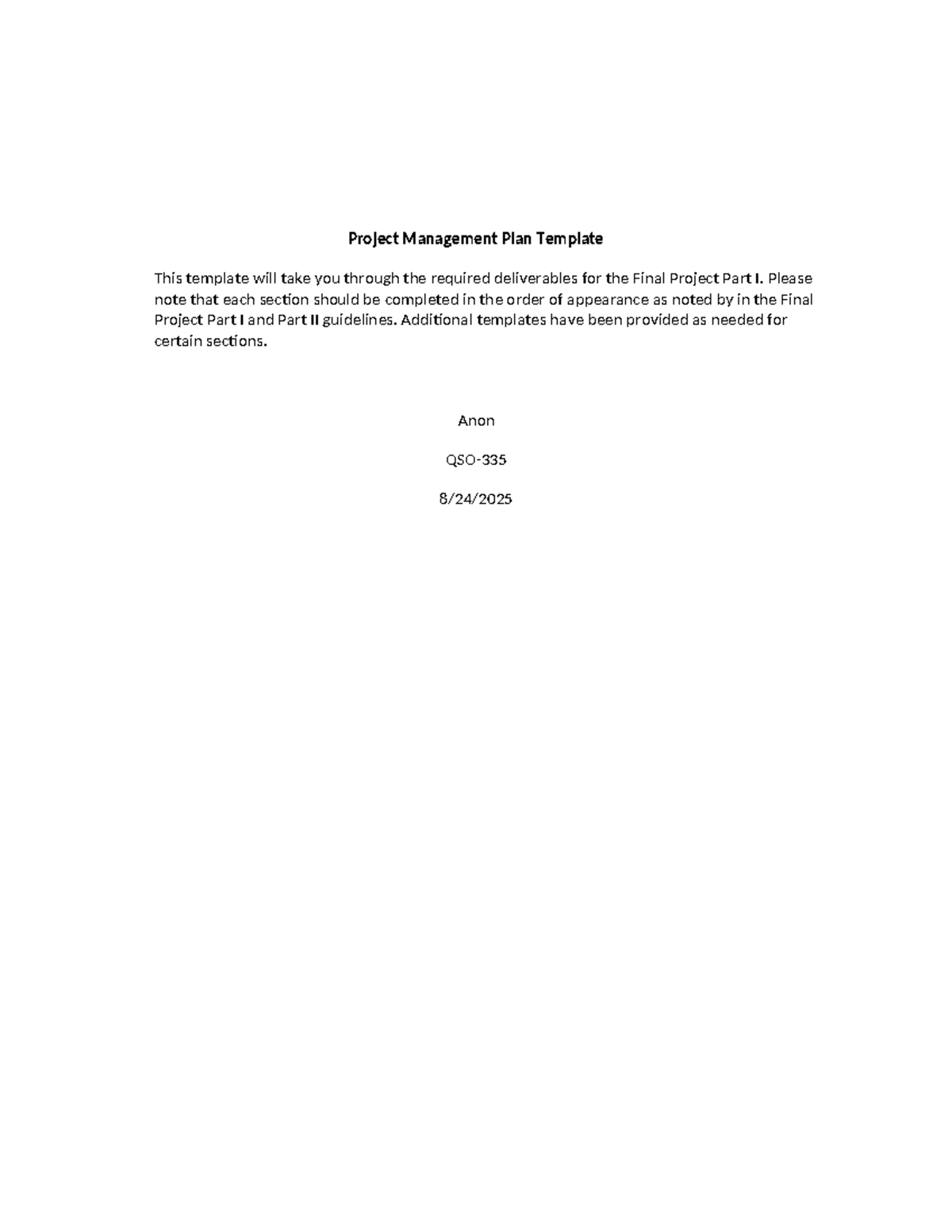 QSO 355 Final Project Management Plan Template - Studocu