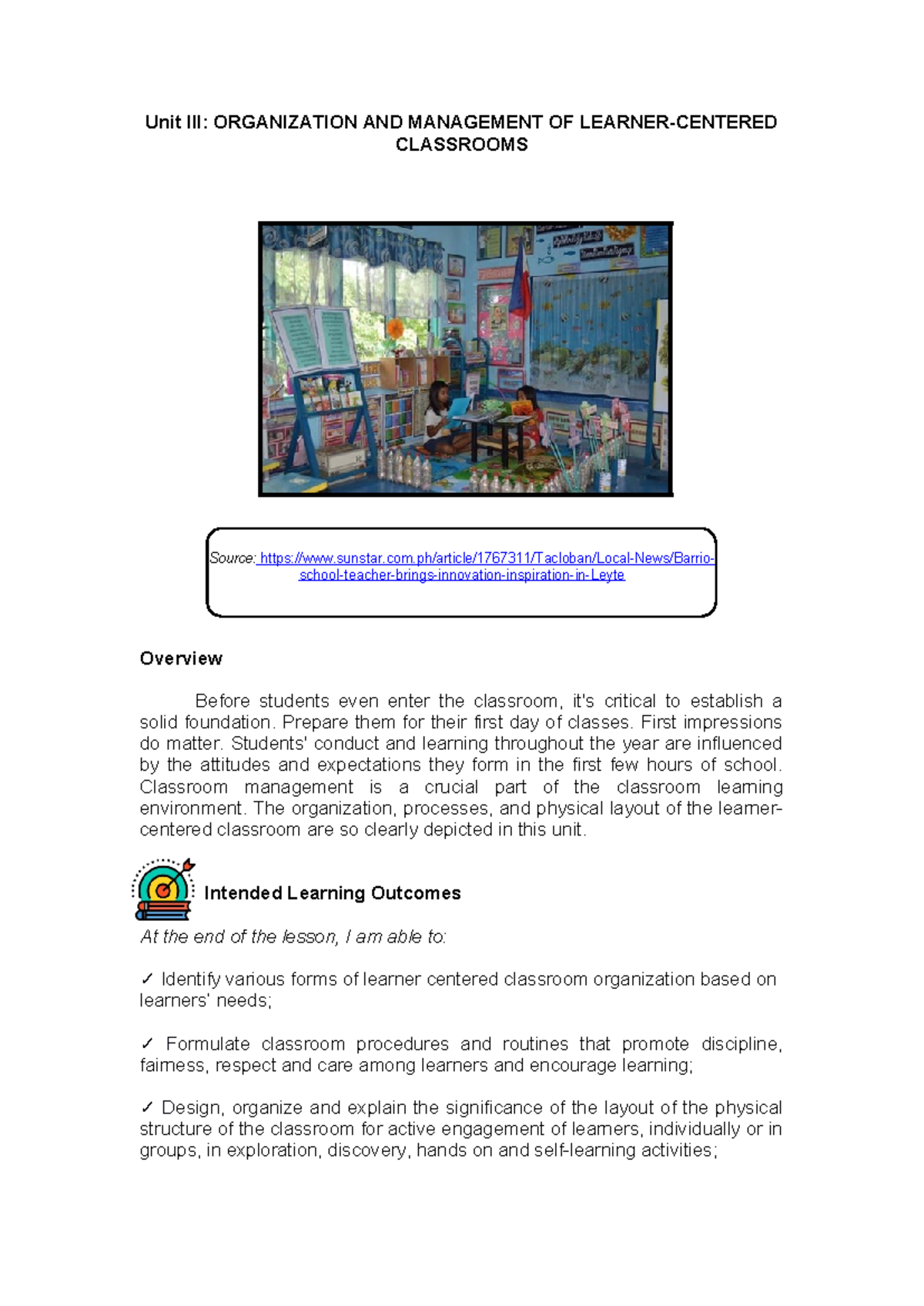 UNIT 3-A: ORGANIZATION & MANAGEMENT IN LEARNER-CENTERED CLASSROOMS - Studocu