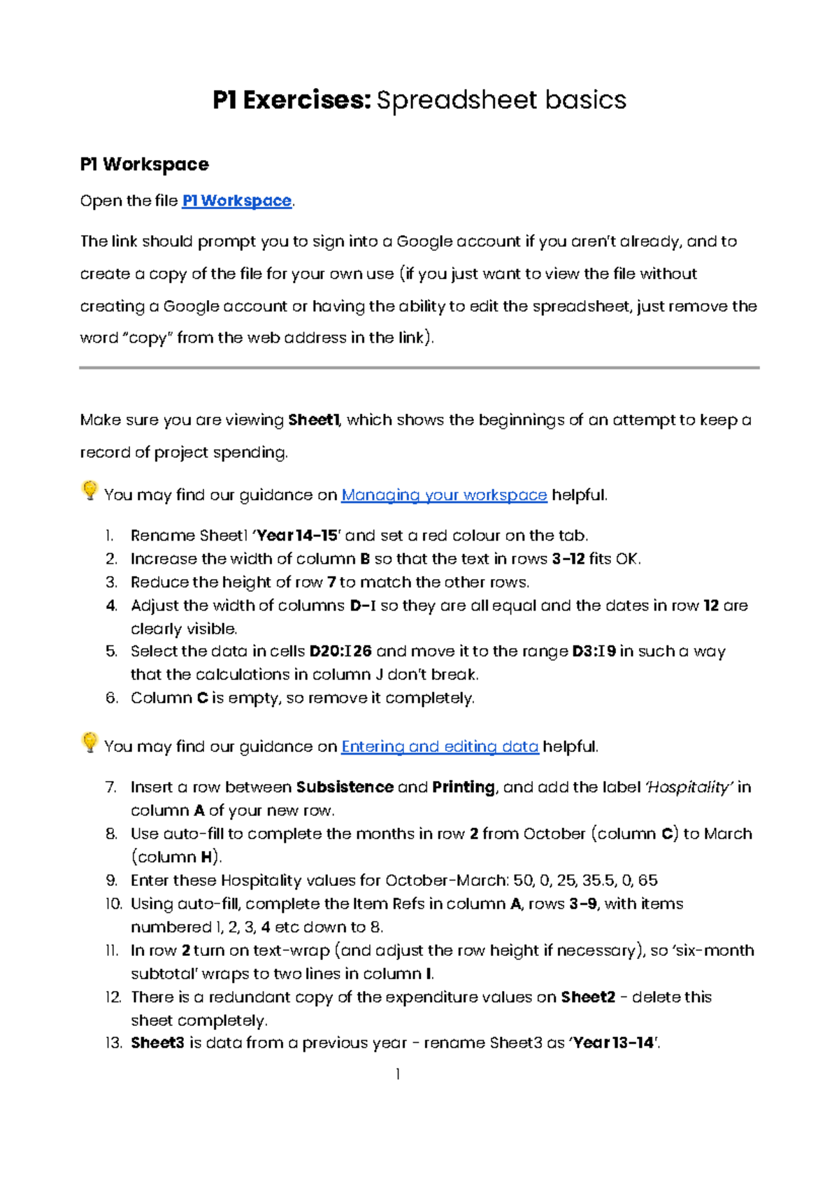 P1 - Exercises Spreadsheet basics - P1 Exercises: Spreadsheet basics P1 ...
