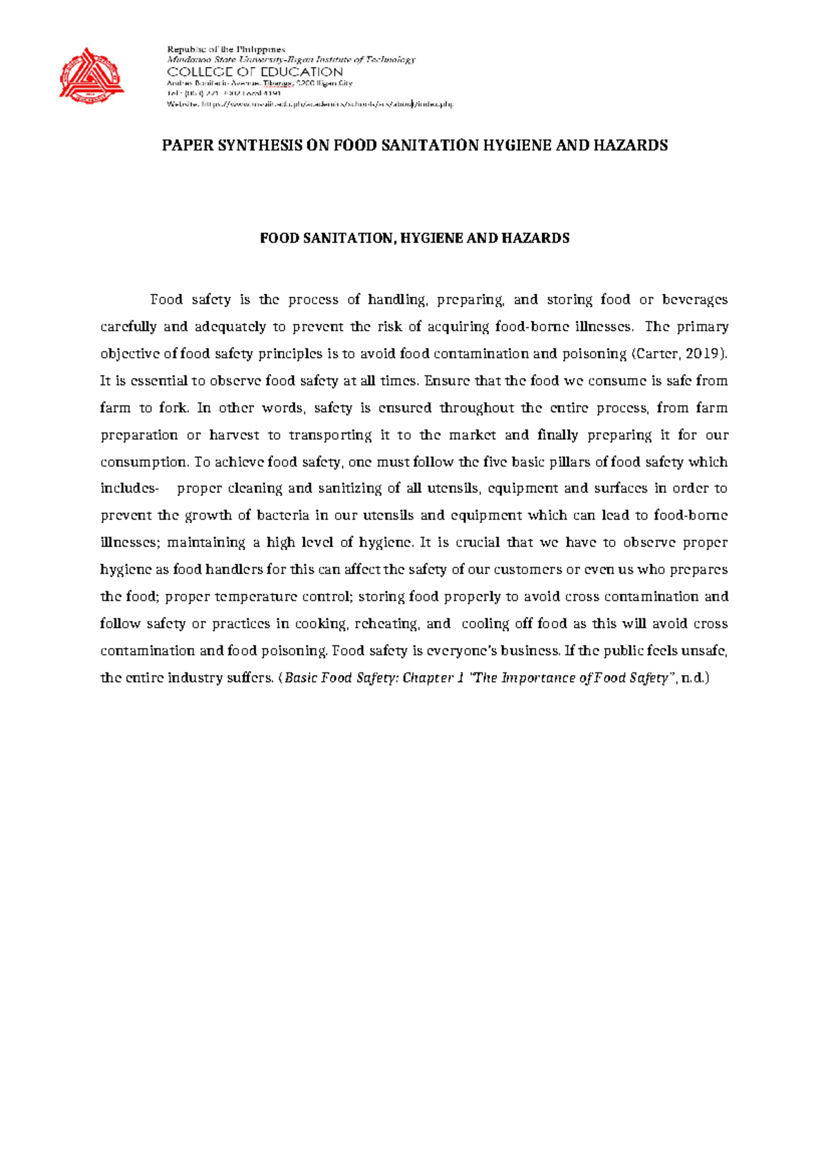 Sanchez HTE221 - Paper Synthesis on Food Safety & Hygiene - Studocu