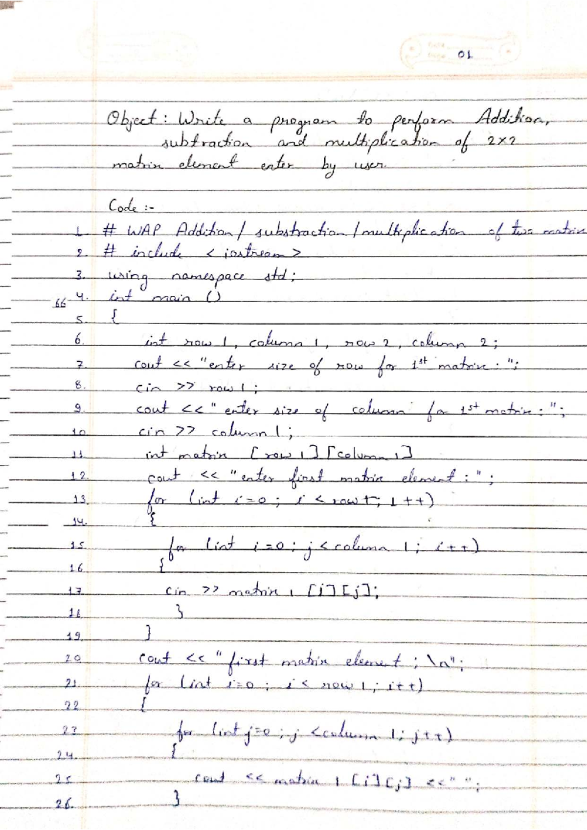 OOPM Exps 1 - Matrix Operations: Addition, Subtraction, Multiplication ...