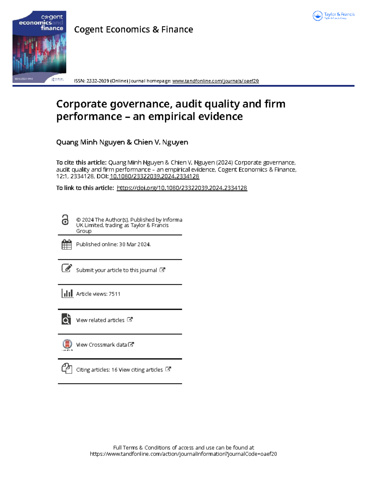 Corporate Governance, Audit Quality & Firm Performance: Evidence from ...