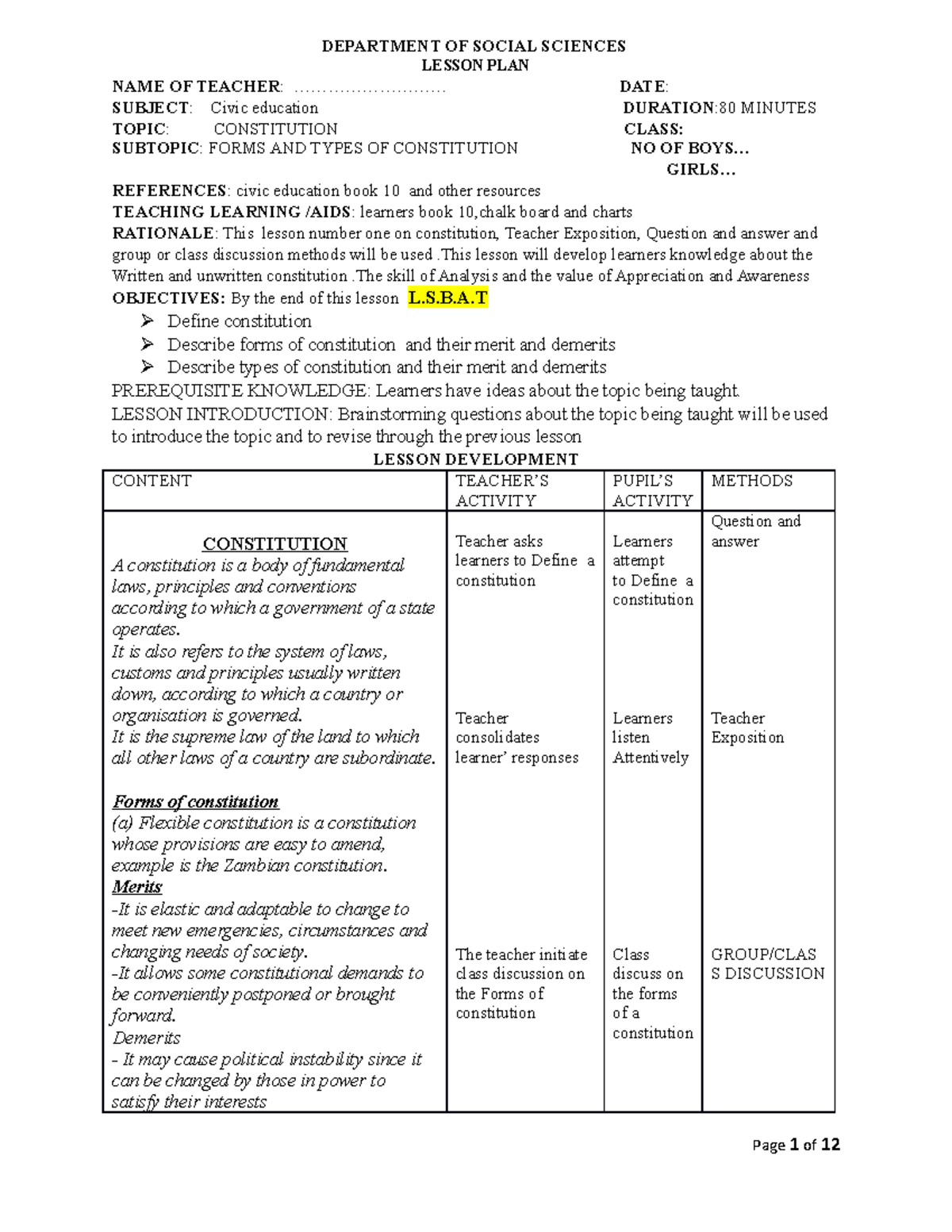 G10. Civic Education. Lesson Plans on Constitution Topics - Studocu