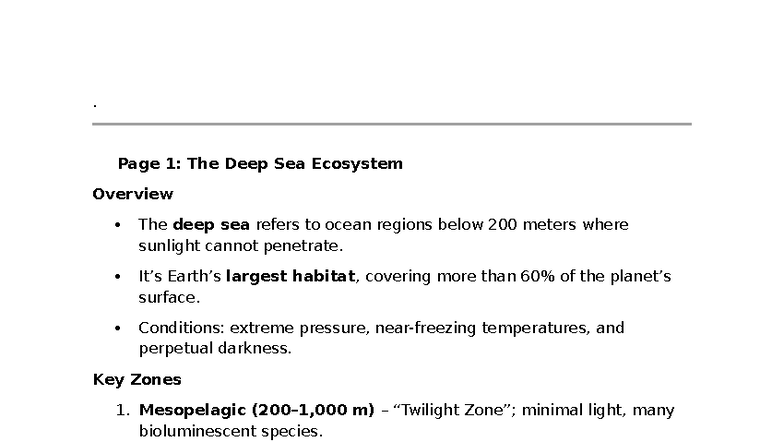 Deep Sea Ecosystem Overview: Key Zones and Adaptations - Studocu