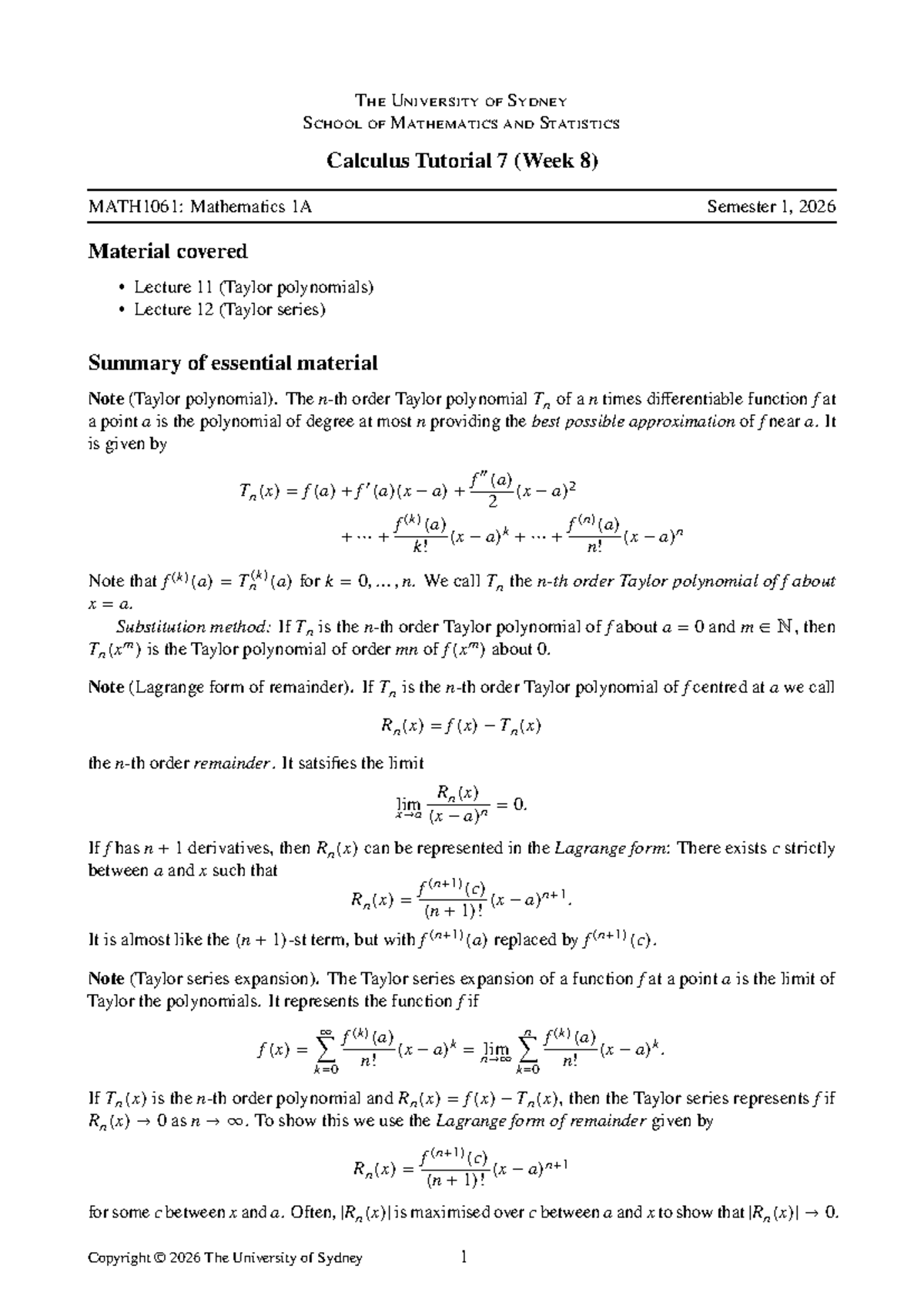 Calculus Tutorial 7 (Week 8) MATH1061: Taylor Polynomials & Series ...