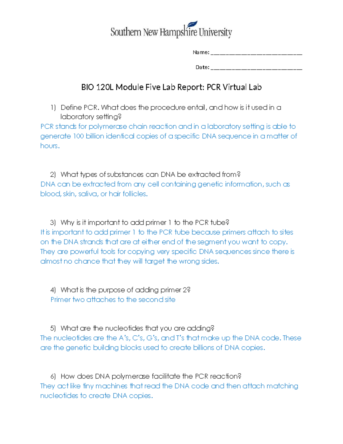 BIO 120L Final Lab Report: Module Five PCR Virtual Lab Overview - Studocu
