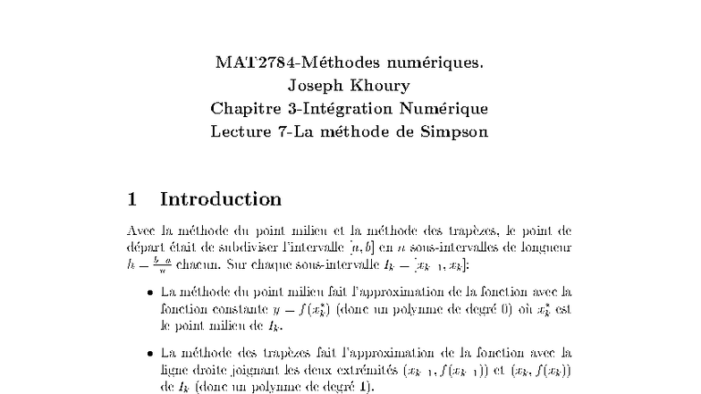 NM Lecture 7 - Méthode de Simpson et Applications - Studocu