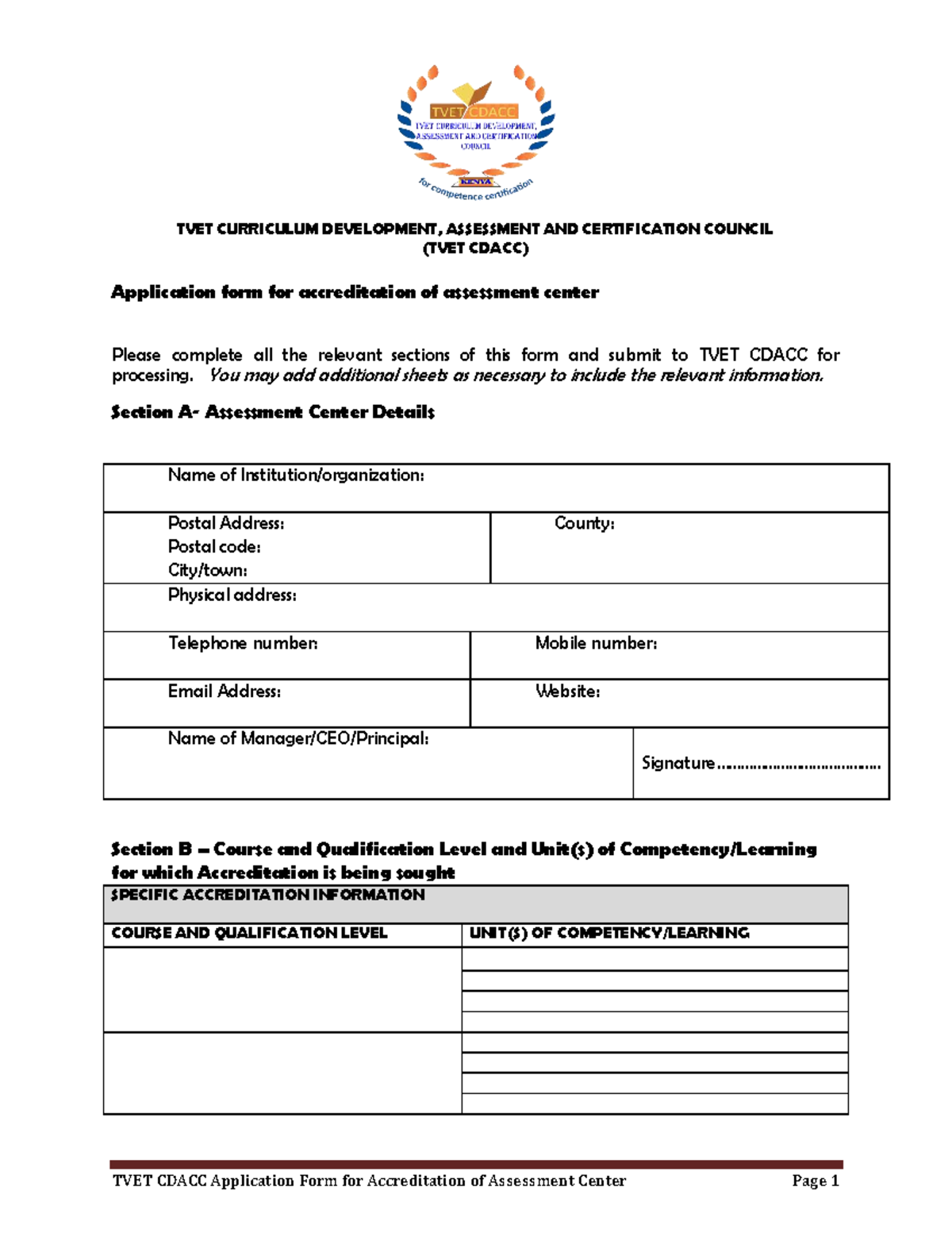 TVET CDACC Assessment Center Accreditation Application Form - Studocu