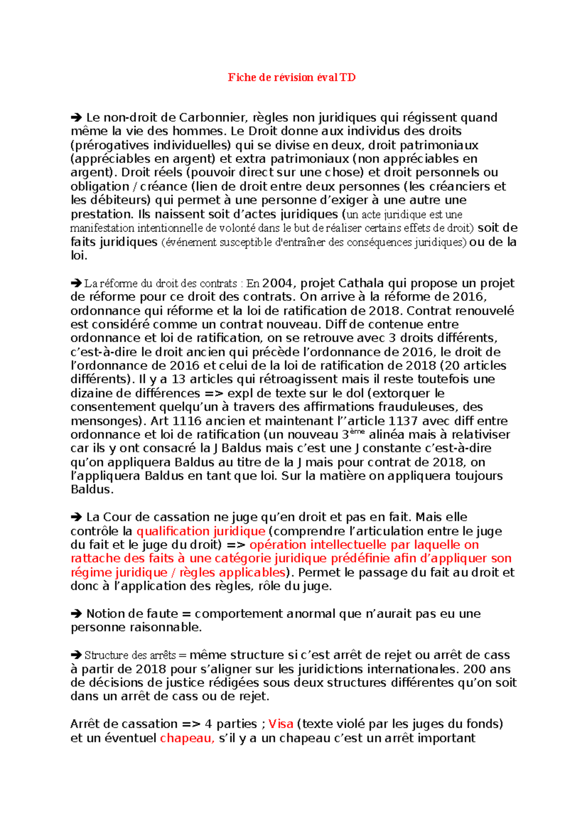 Fiche de révision éval TD - Fiche de révision éval TD Le non-droit de Carbonnier, règles non ...