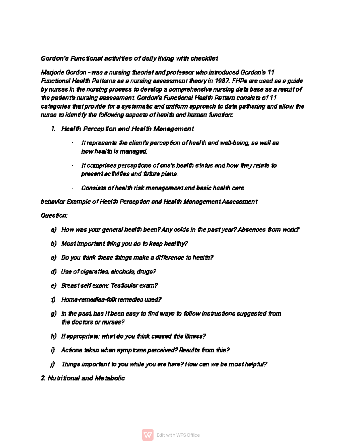 Gordon's Functional Health Patterns & ADL Assessment Checklist (NURS ...
