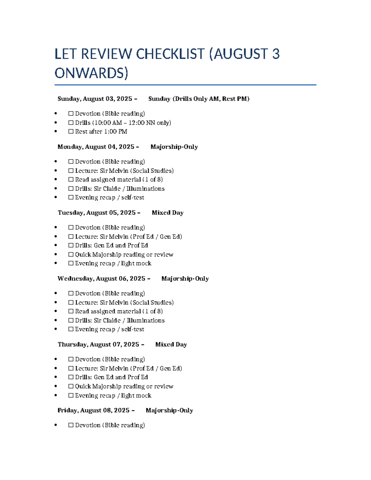 LET Review Checklist: August 2025 Schedule and Drills - Studocu