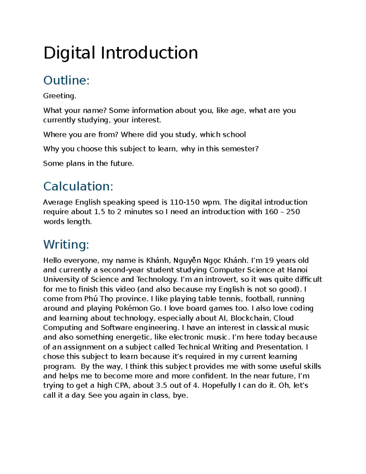 Technical Writing & Presentation Intro: Self-Introduction Example - Studocu