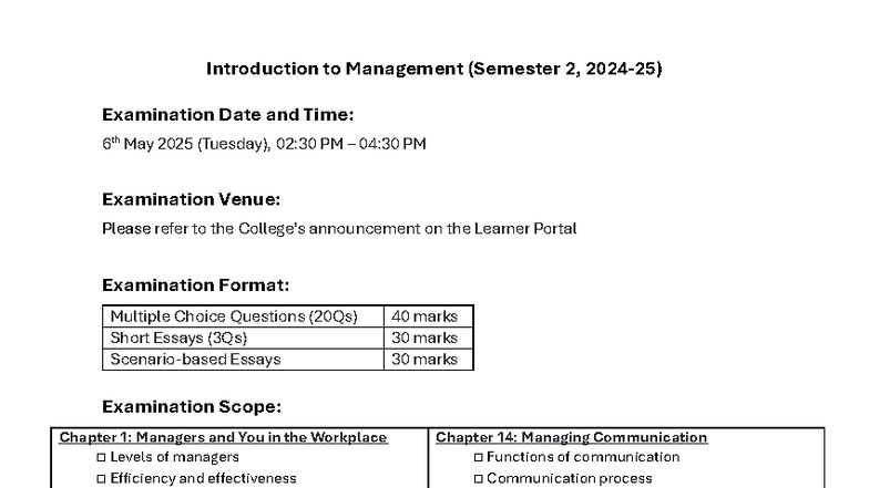 Exam Scope and Format S2 24-25 - Introduction to Management (Semester 2 ...