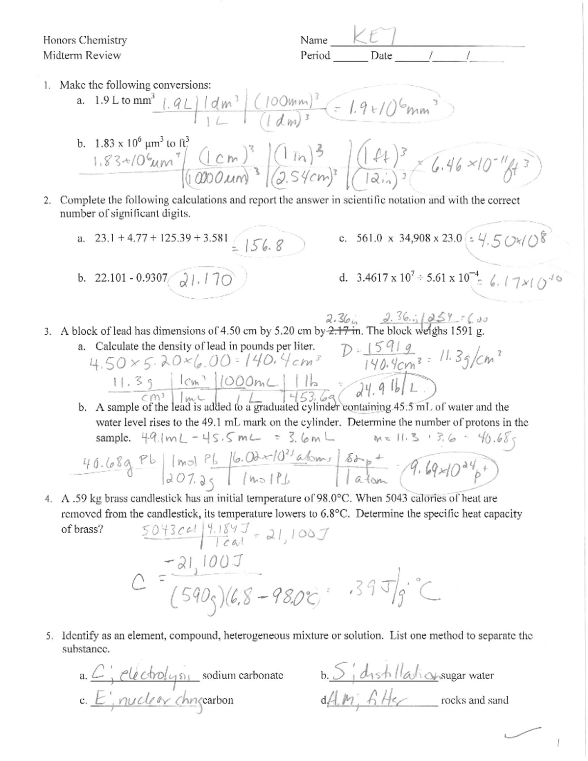 Honors Chemistry 101 Midterm Review Key - Studocu