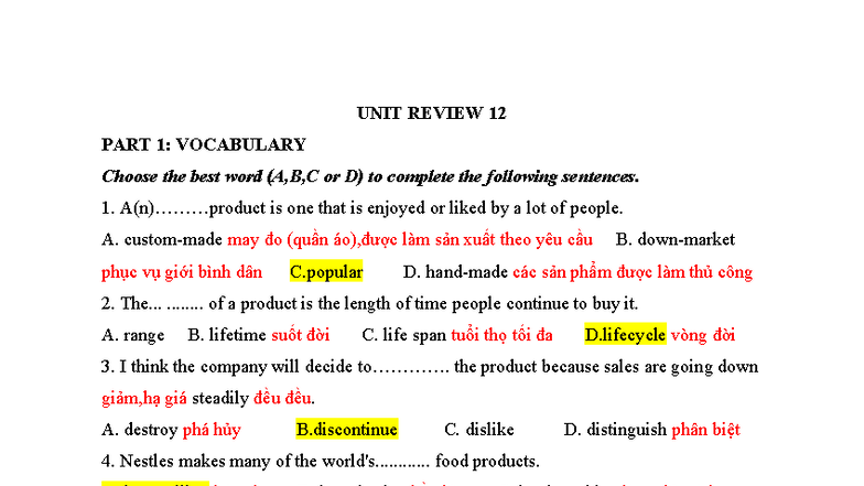 UNIT 12 REVIEW: VOCABULARY, GRAMMAR, & READING EXERCISES - TA2 - Studocu