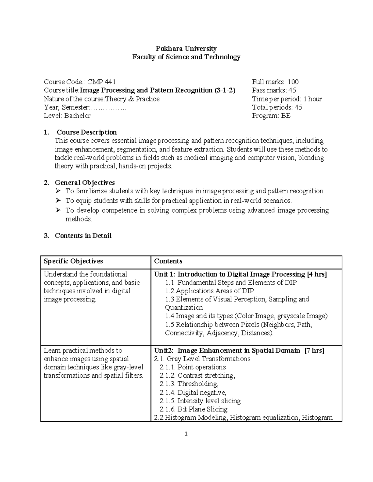 CMP 441 - Syllabus for Image Processing & Pattern Recognition (6th Sem) - Studocu
