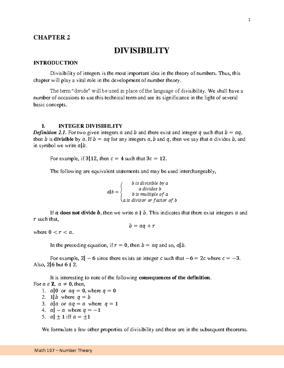 Math 107 Chapter 2: Divisibility in Number Theory - Studocu