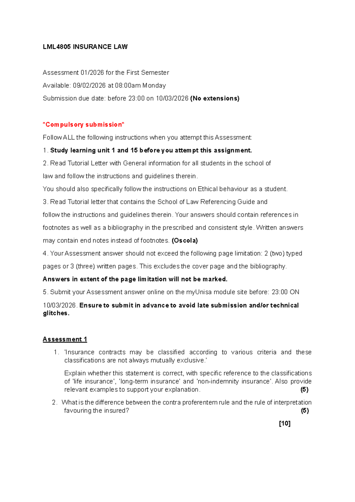 LML4805 INSURANCE LAW Assignment 1 Study Guide for First Semester - Studocu
