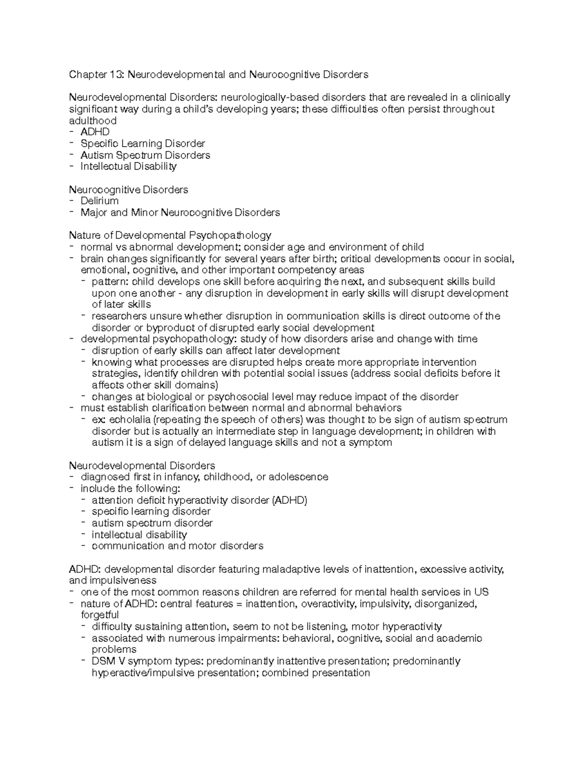 PSYCH 221 Chapter 13 Notes: Neurodevelopmental Disorders Overview - Studocu