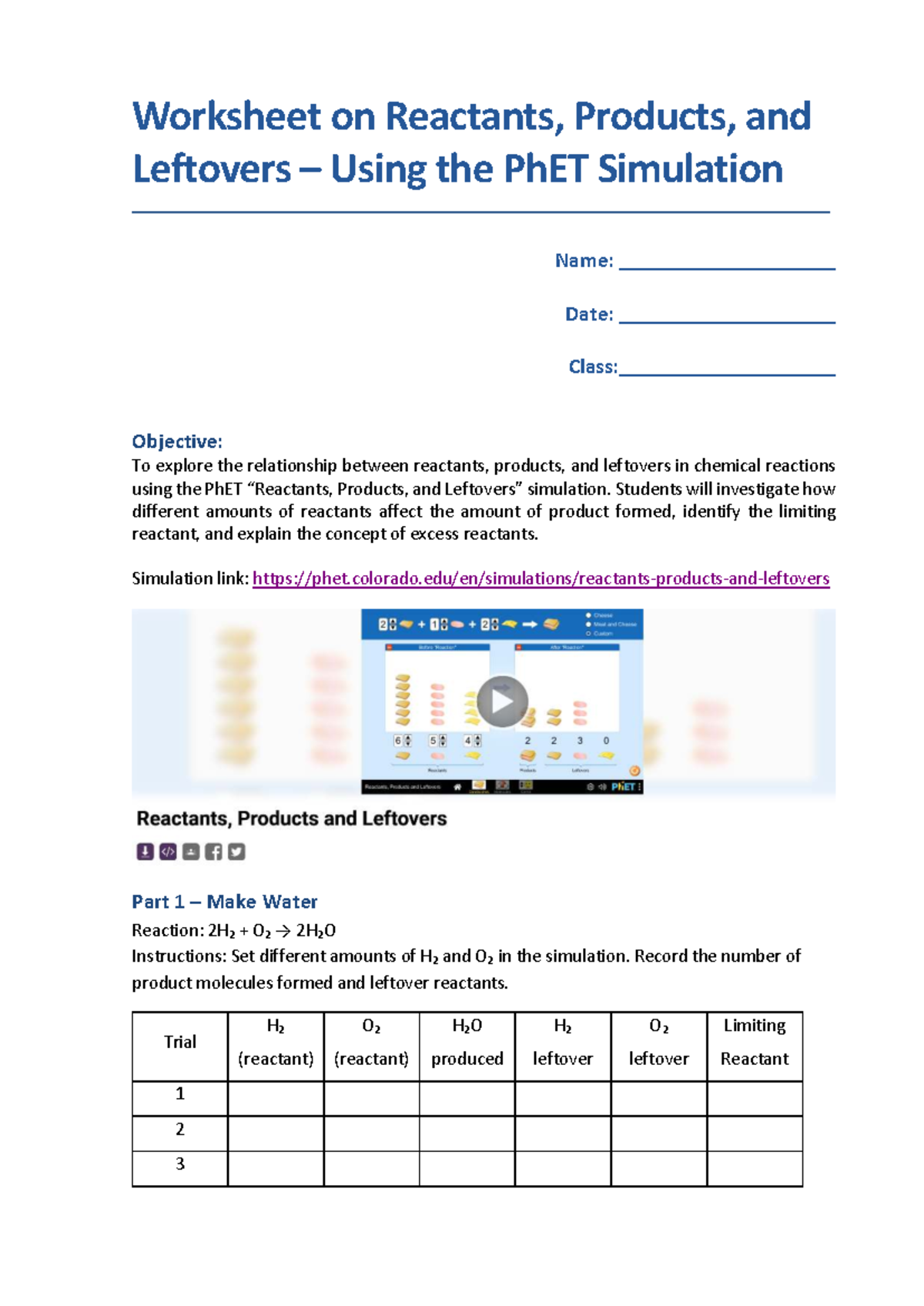 Worksheet on Limiting Reactants Using PhET Simulation - Studocu