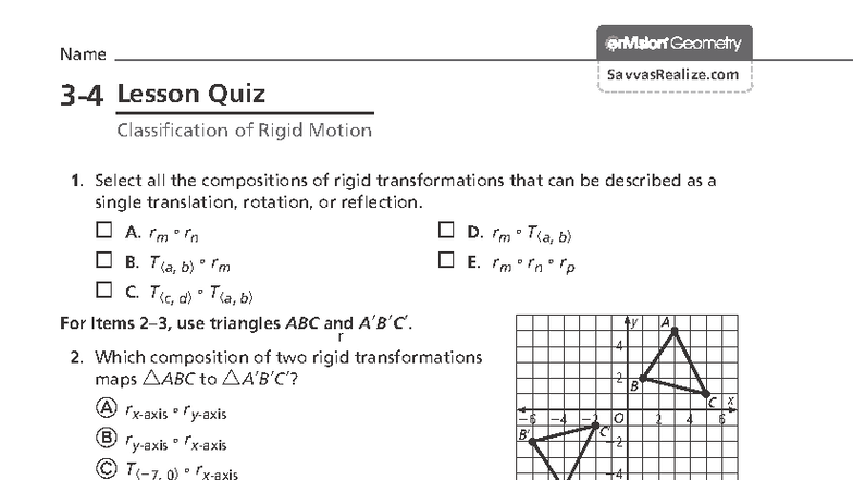 3-4 Lesson Quiz: Classification of Rigid Motion Transformations - Studocu