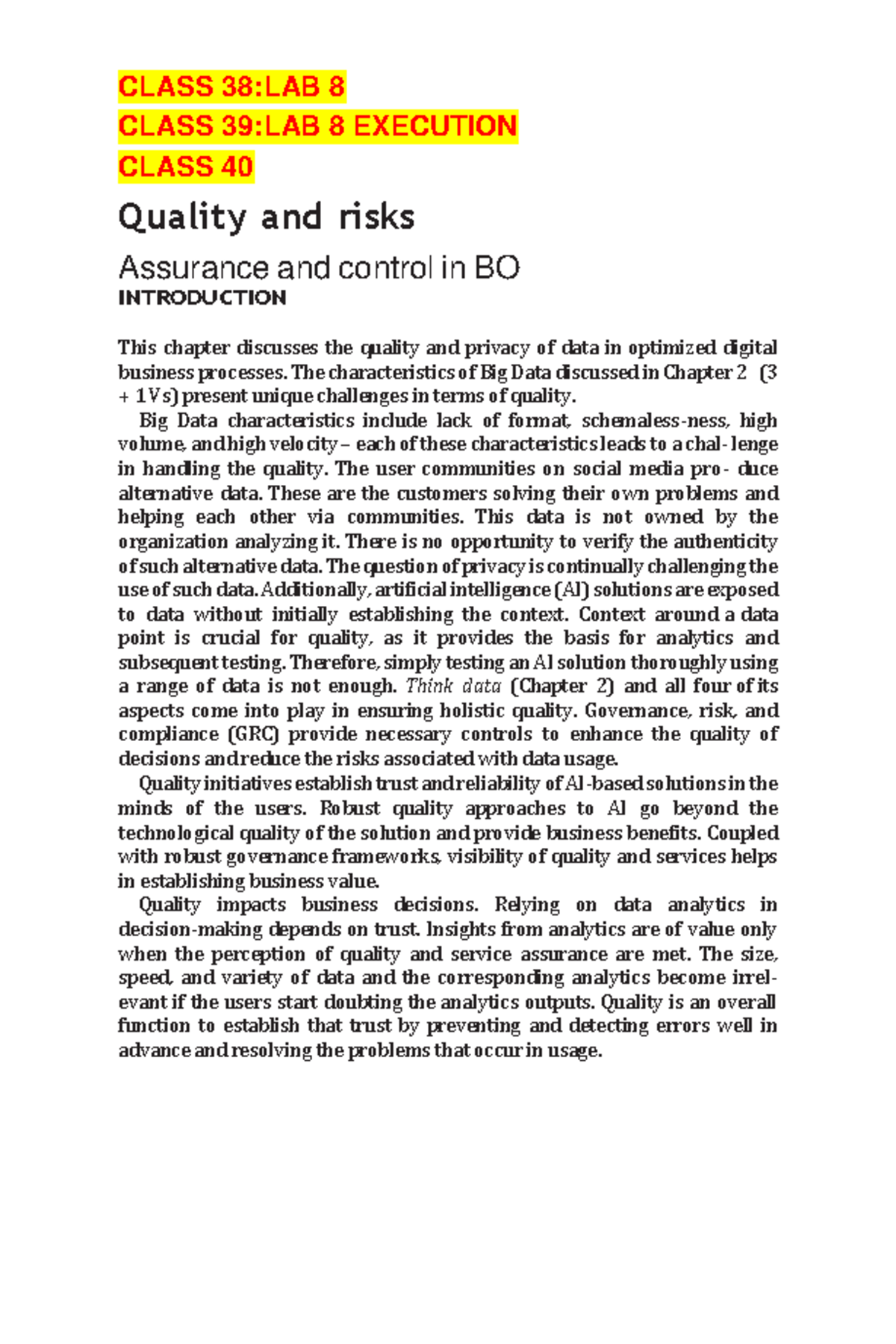 CLASS 40: Quality and Risk Assurance in Big Data Management - Studocu