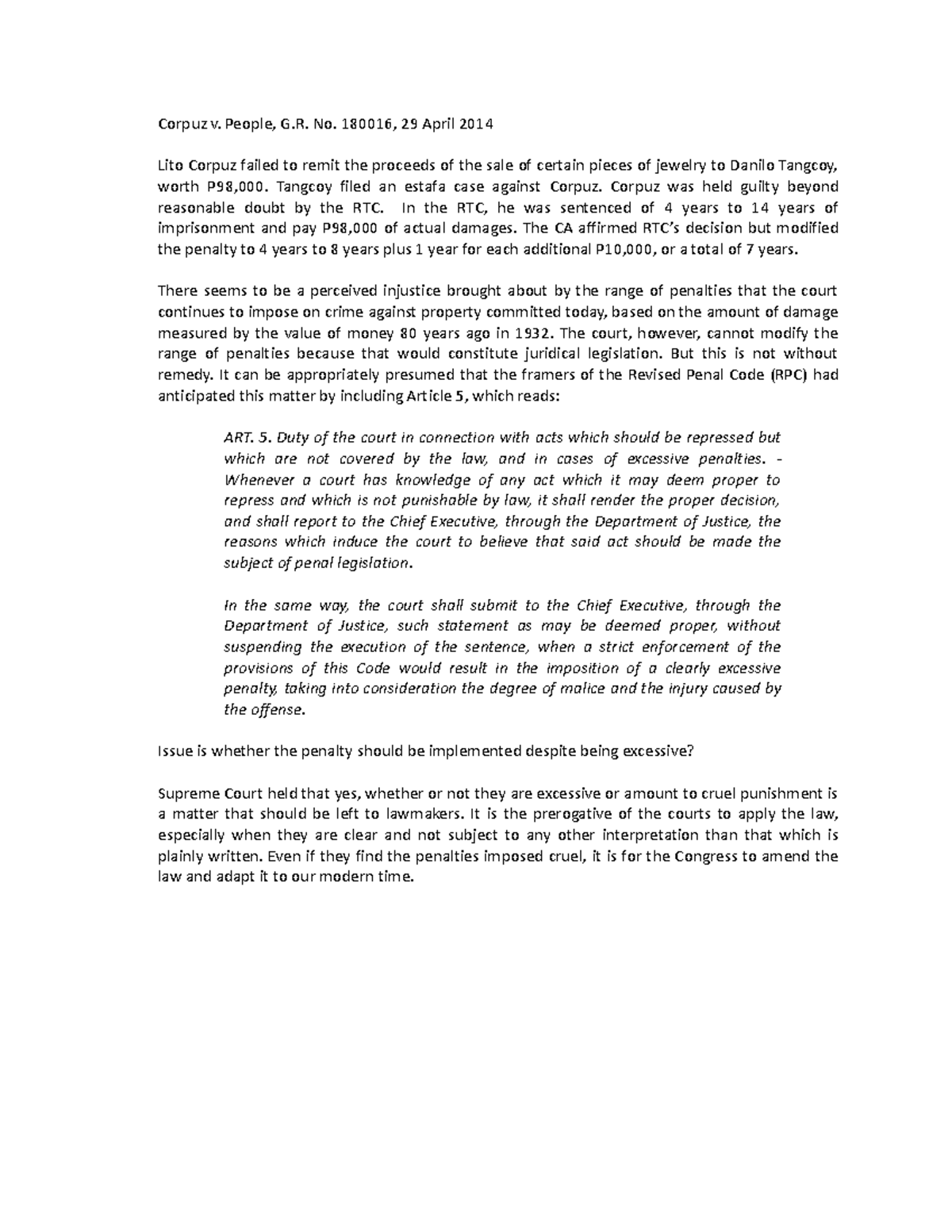 Corpuz v. People - Case Digest Analysis and Ruling on Penalties - Studocu