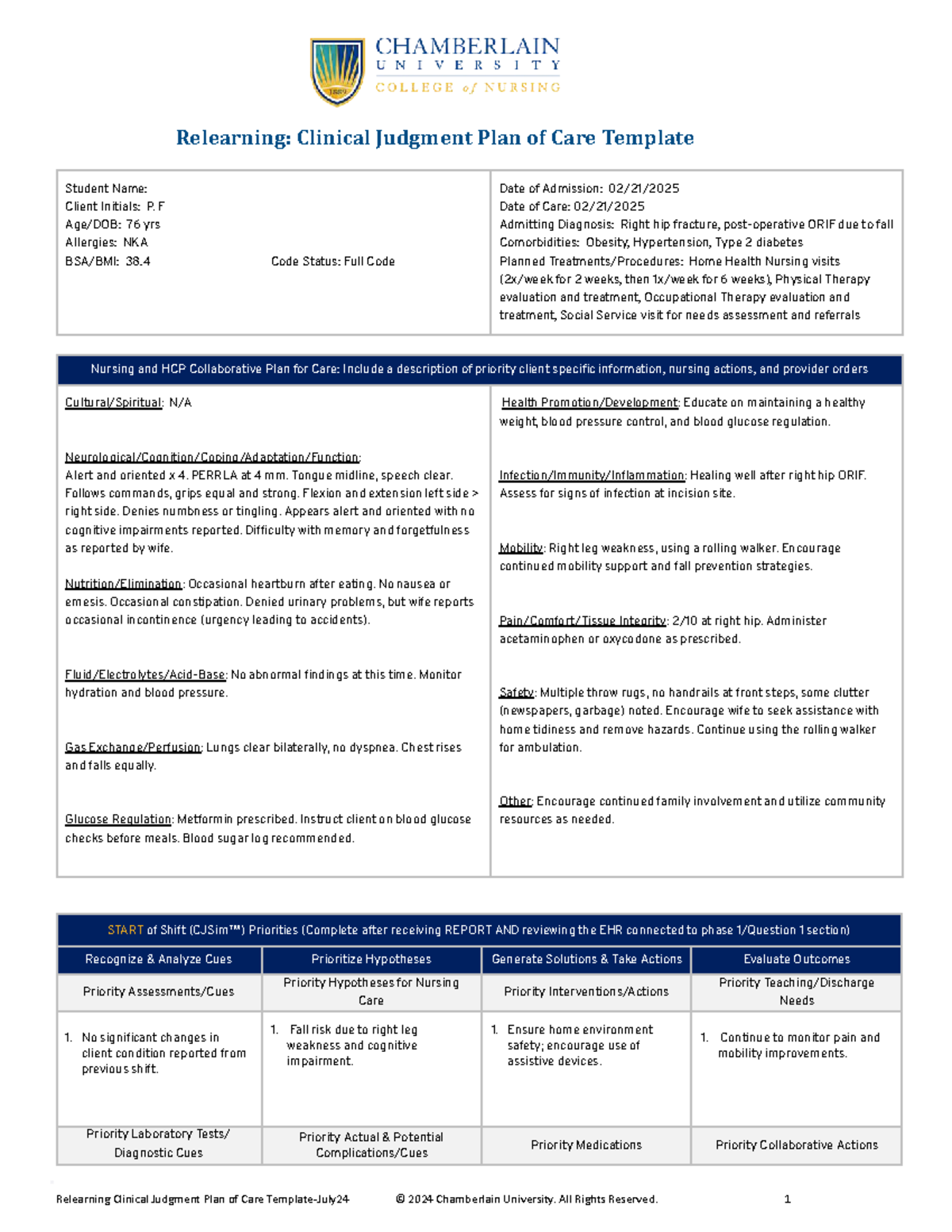 CJSim™ Plan of Care Template: Clinical Judgment & Fall Risk Management ...