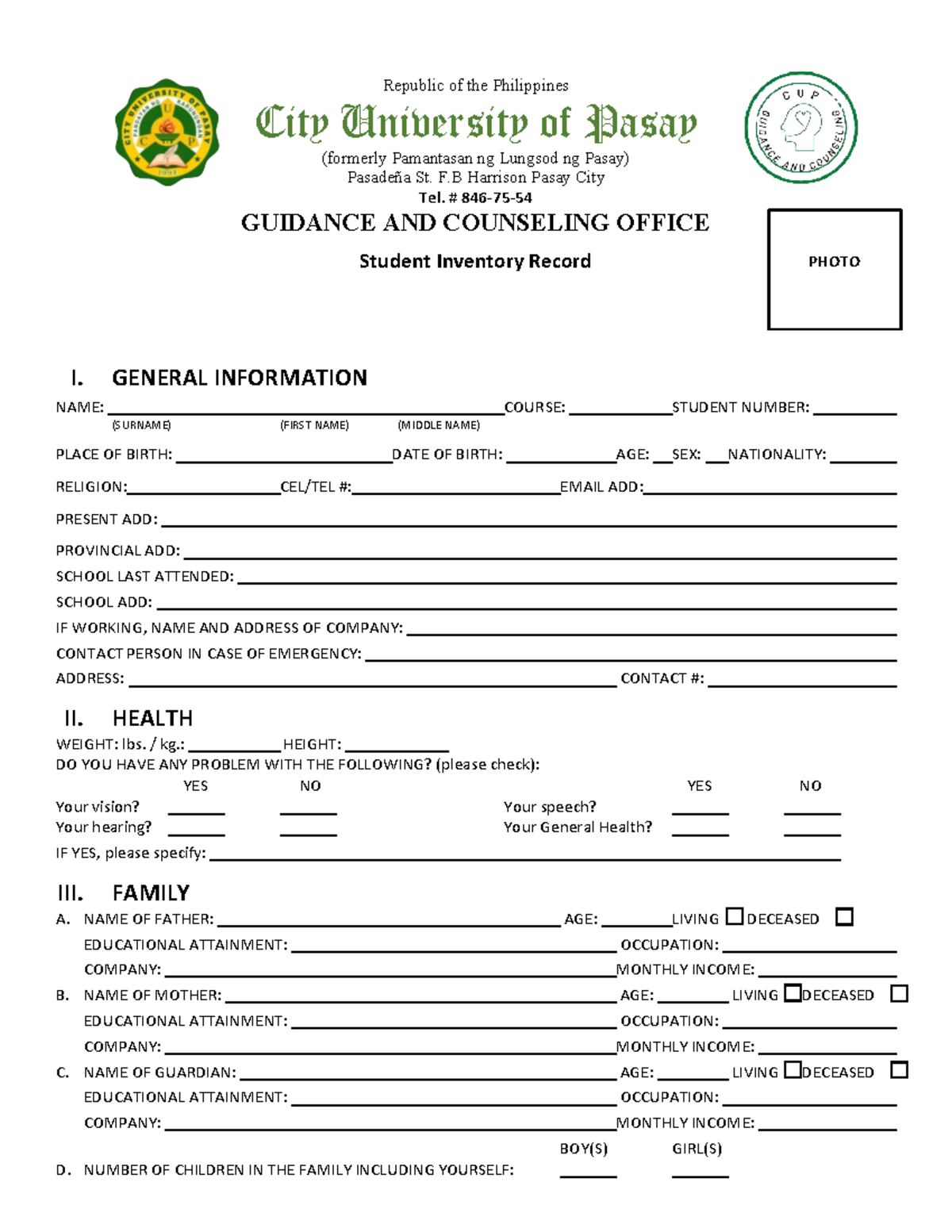 Student Inventory Record - Republic of the Philippines City University ...