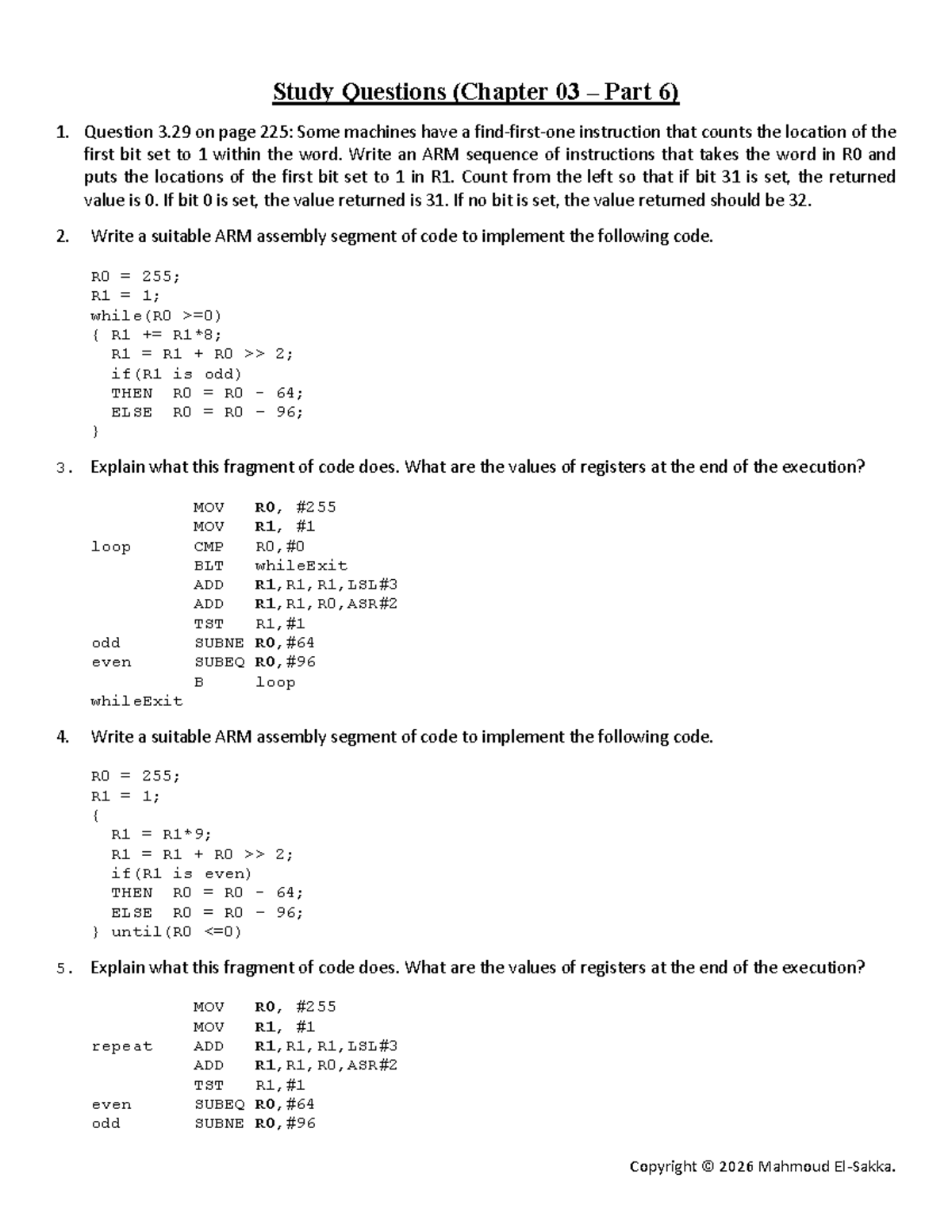 Study Questions for ARM Assembly (Chapter 03 - Part 6) - Studocu