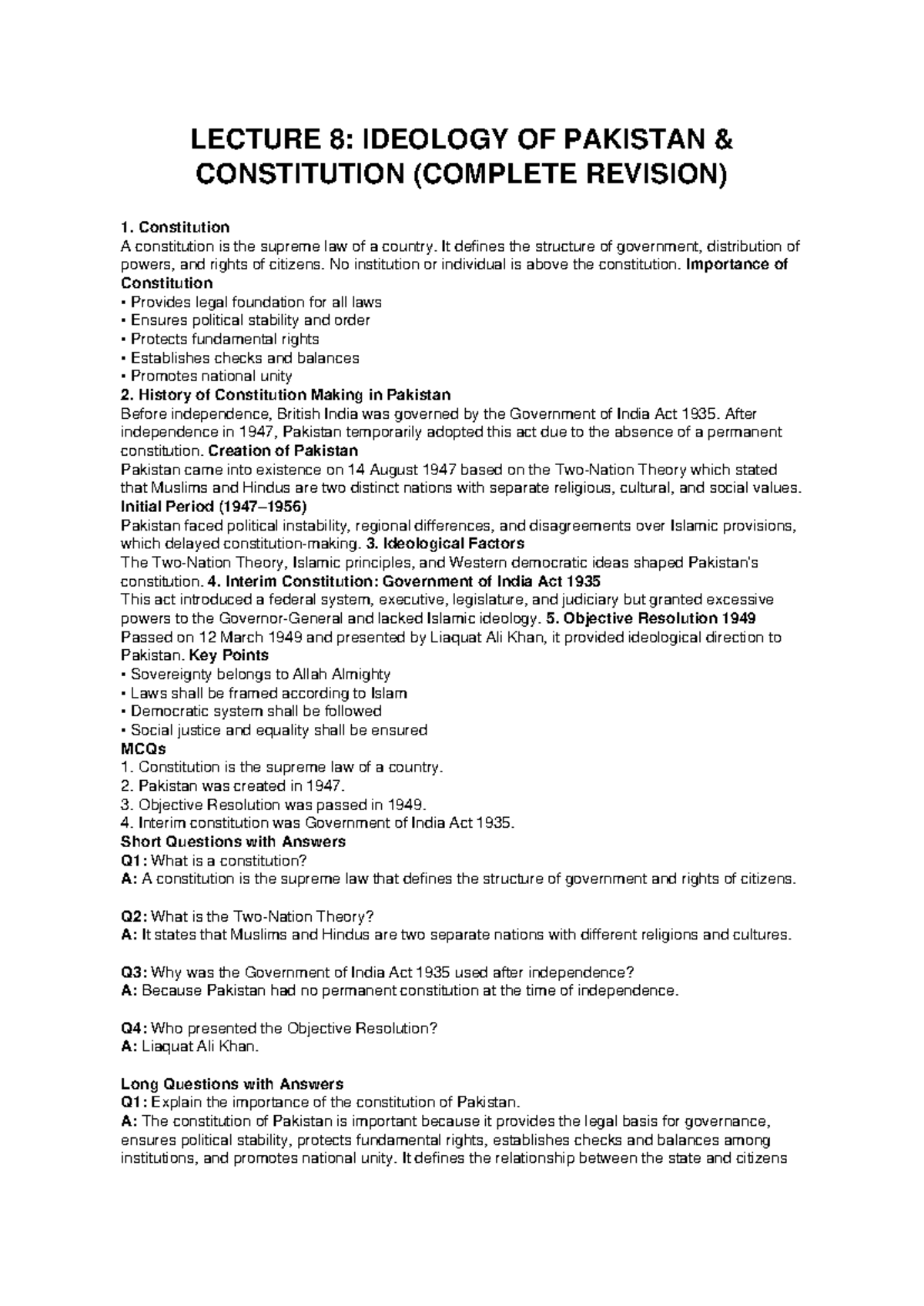 LECTURE 8: IDEOLOGY OF PAKISTAN CONSTITUTION - REVISION & QA - Studocu