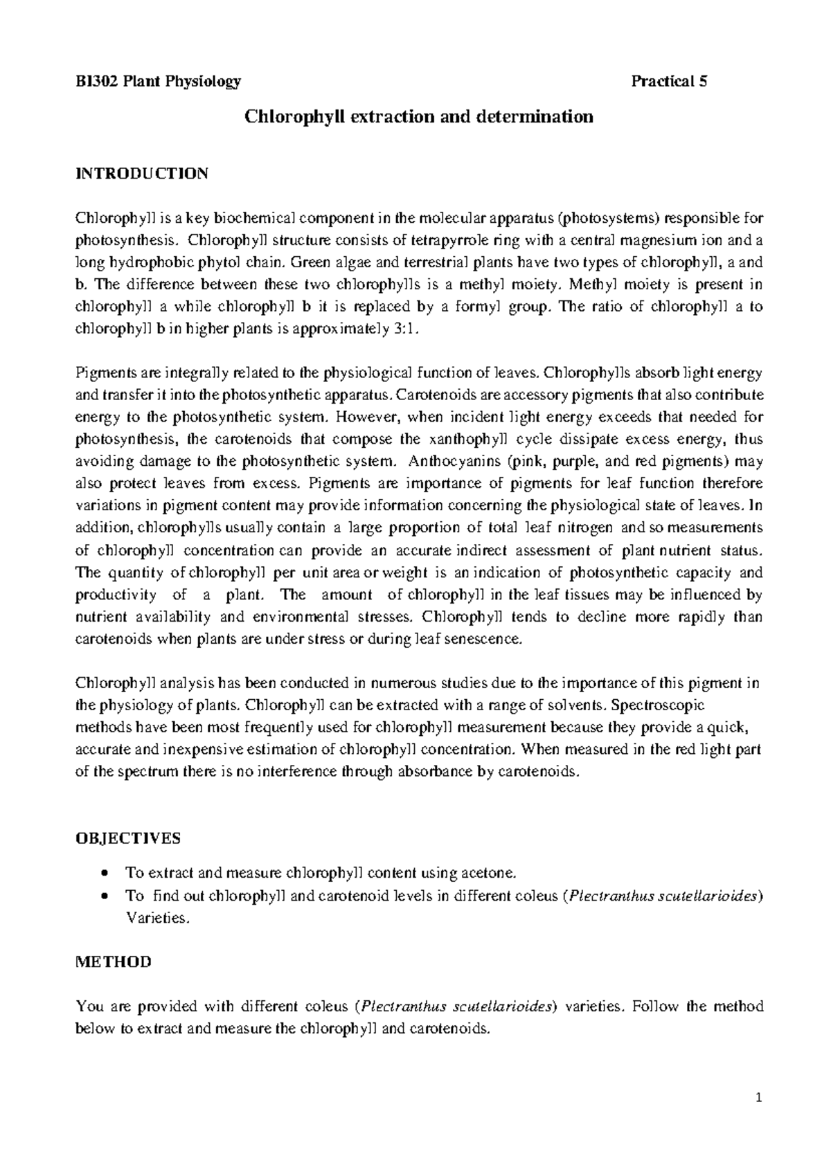 BI302 Final Report on Chlorophyll Extraction & Measurement Techniques ...