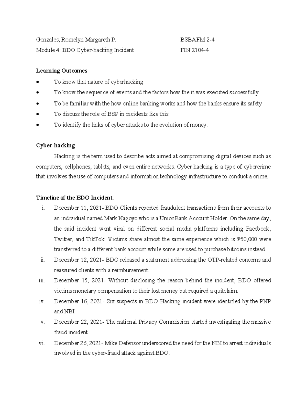 Module 4.0: Analysis of BDO Cyber-Hacking Incident - FIN 2104 - Studocu