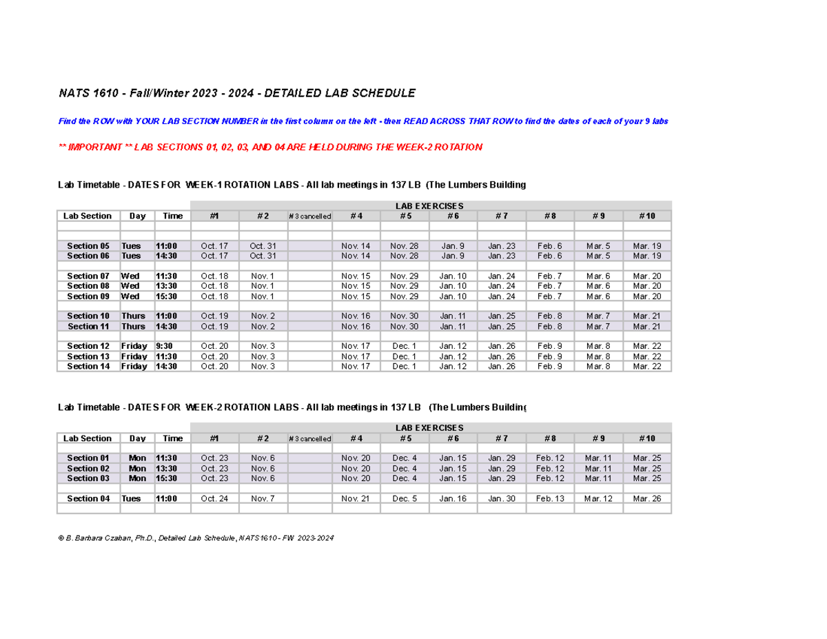 Detailed Lab Schedule for NATS 1610 - FW 2023-2024 - Studocu
