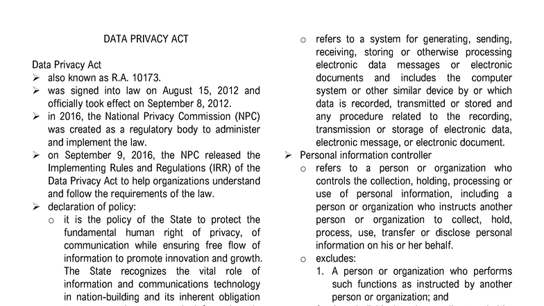 DATA PRIVACY ACT (R.A. 10173) Overview and Key Provisions - Studocu