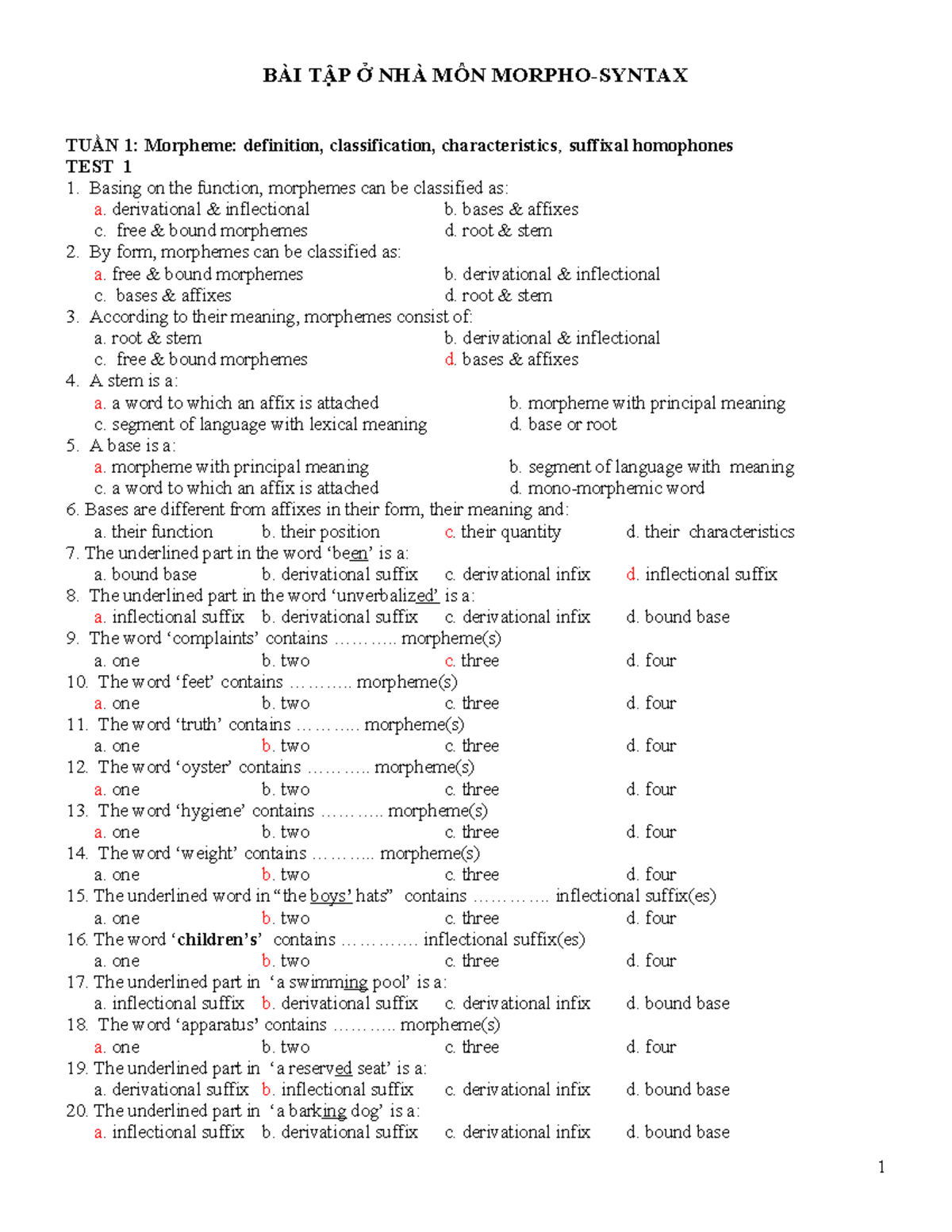 Bài Tập Nhà Môn Morpho-Syntax - Tuần 1, 2, 4, 5 Test - Studocu