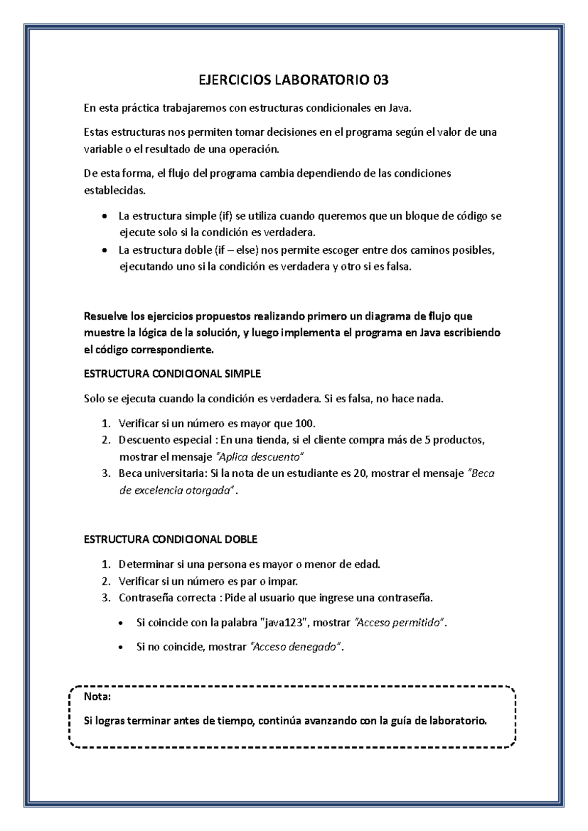 EJERCICIOS LABORATORIO 03: Estructuras Condicionales en Java - Studocu