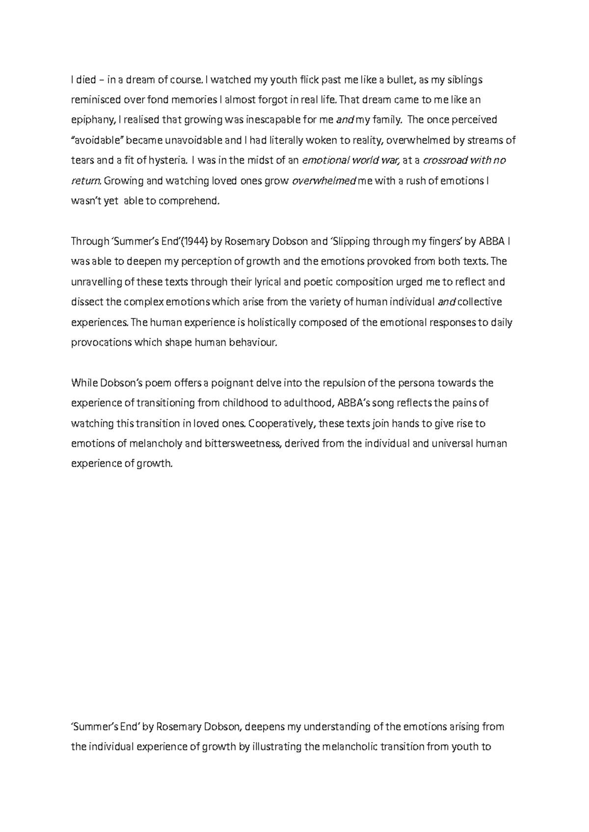 ENG101: Essay Notes on Growth in Rosemary Dobson and ABBA - Studocu