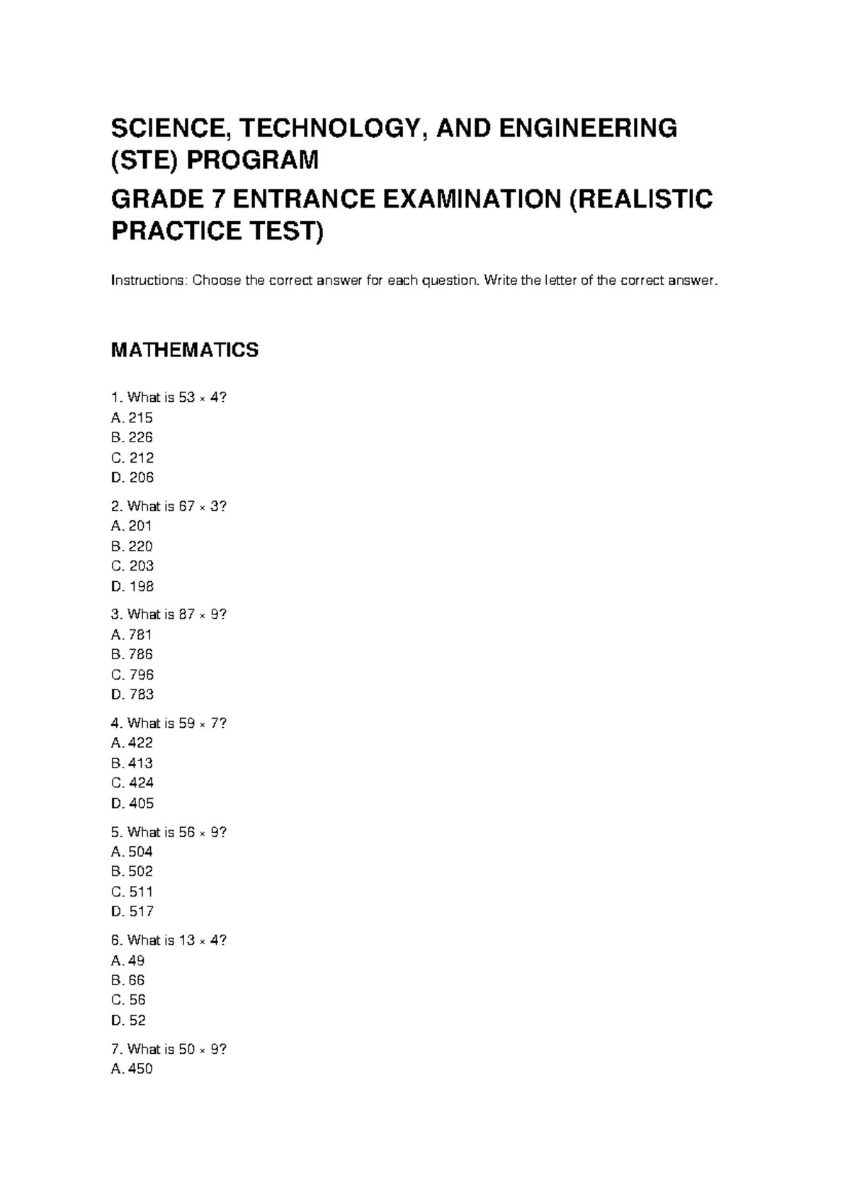 STE Grade 7 Entrance Exam: Realistic Practice Test - Studocu