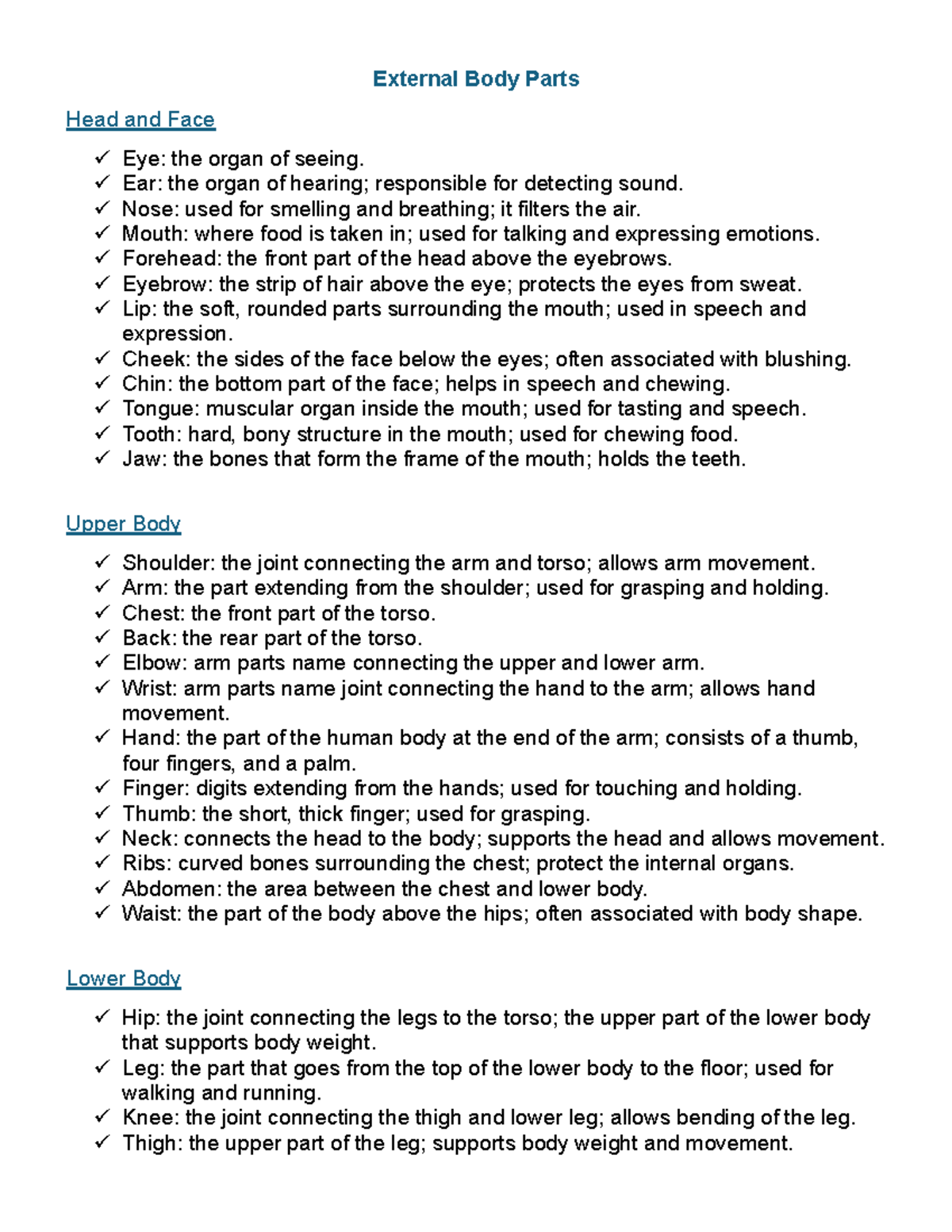 Body Parts Vocabulary: External and Internal Organs Overview - Studocu