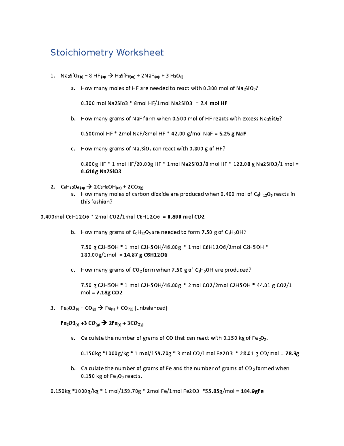 Stoichiometry worksheet key - Stoichiometry Worksheet Na 2 SiO3(s) + 8 ...