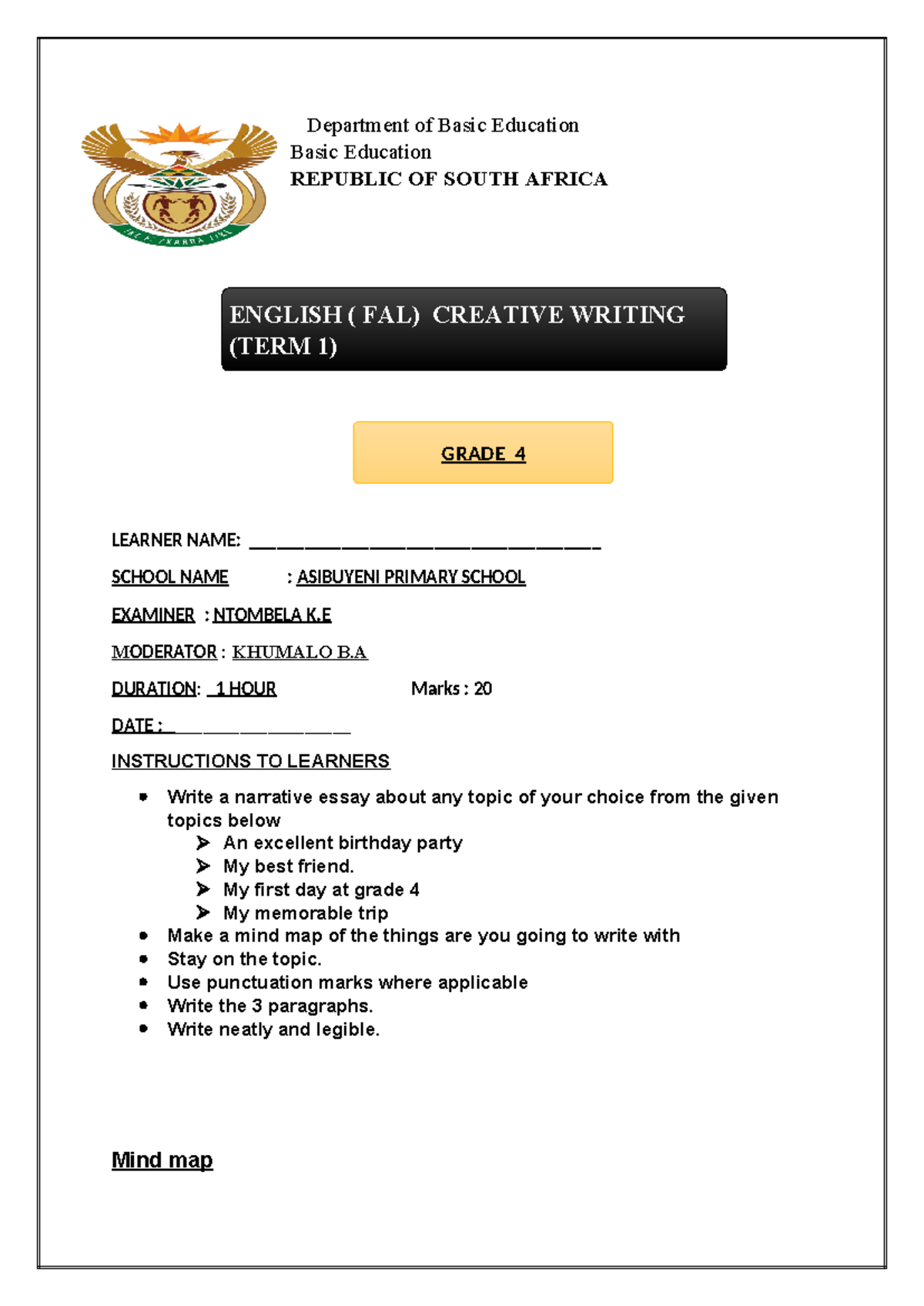 Grade 4 English (FAL) Creative Writing Term 1 & 4 Essay Guide - Studocu