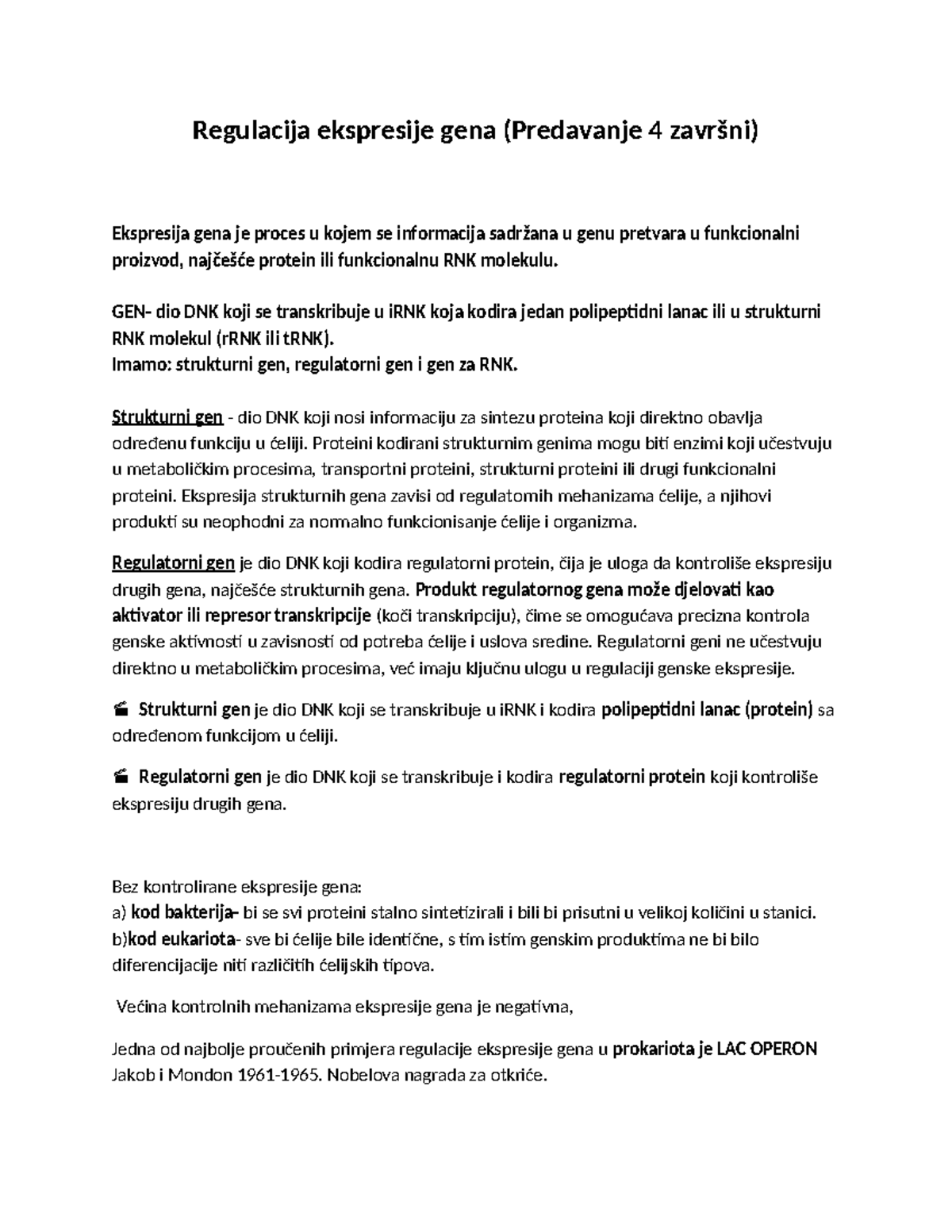 Regulacija Ekspresije Gena (Predavanje 4, Biologija Završni) - Studocu