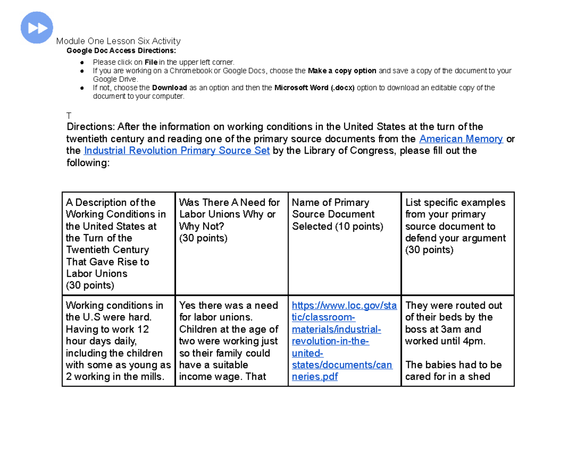 Copy of Module One Lesson Six Activity - Module One Lesson Six Activity ...