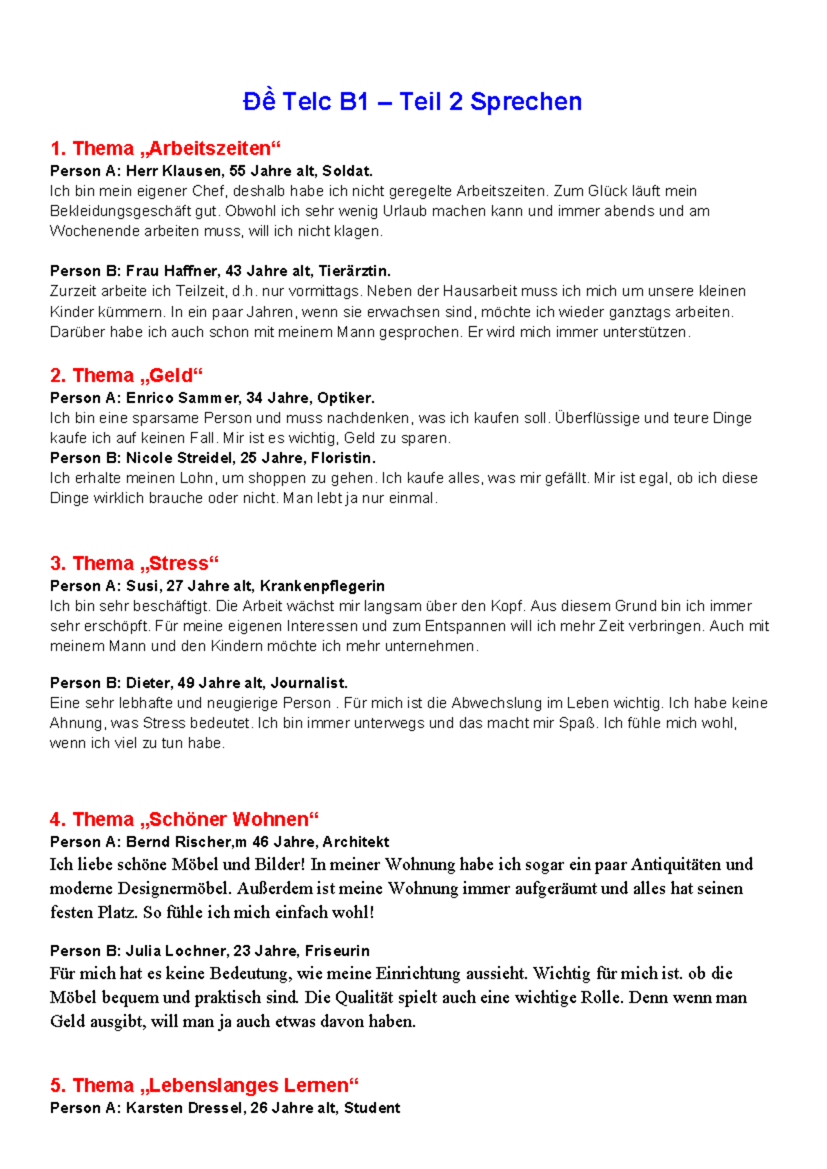 B1 Telc Sprechen Teil 2: Themen und Dialoge zur mündlichen Prüfung ...