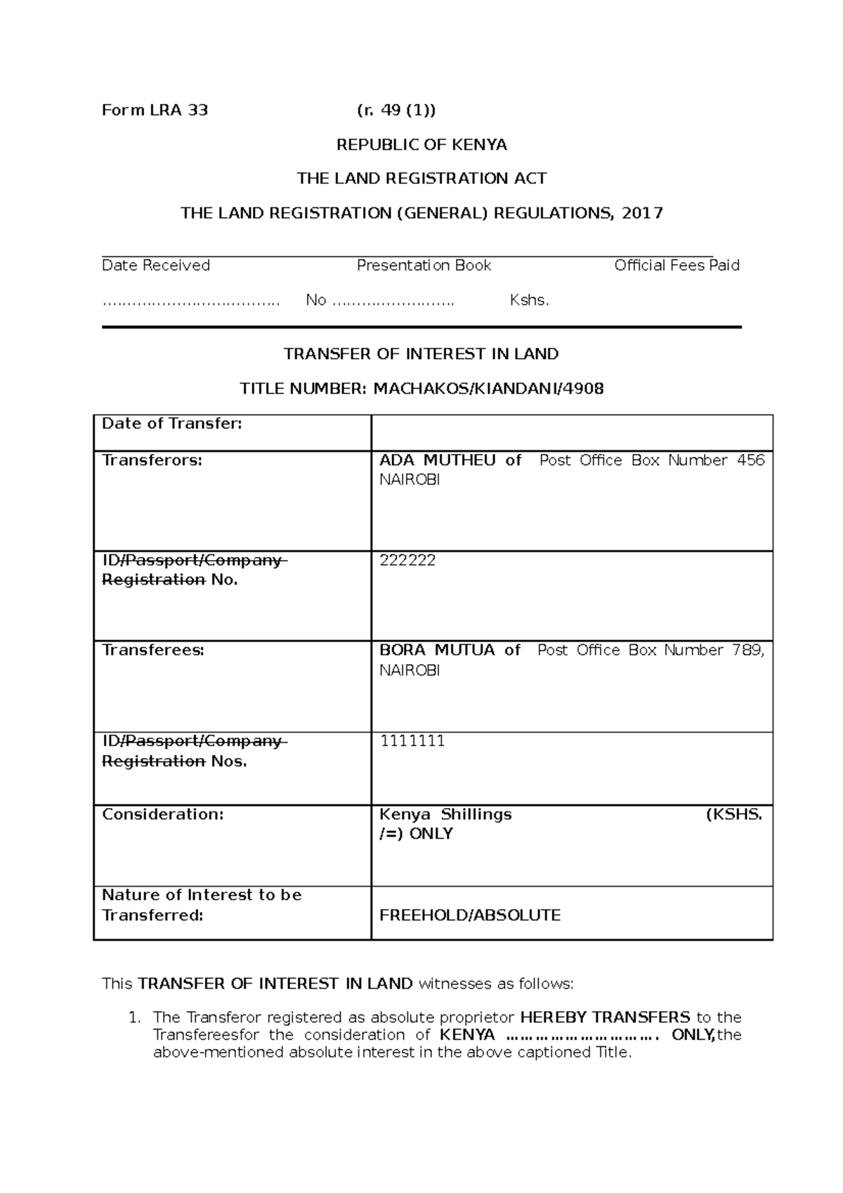 Form LRA 33- Transfer Sample KSL - Form LRA 33 (r. 49 (1)) REPUBLIC OF ...