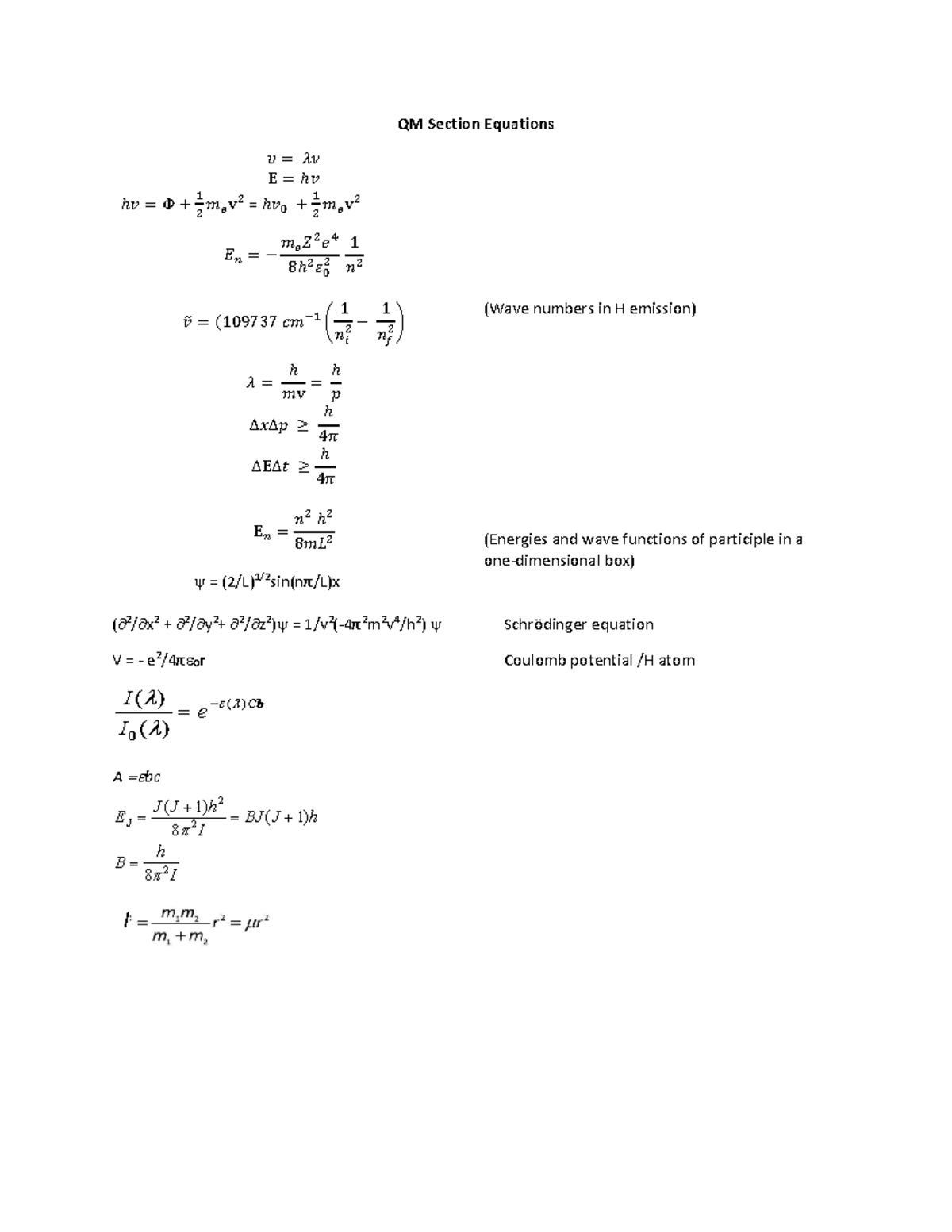 CHM220 Final Exam Formula Sheet: Key Equations and Concepts - Studocu