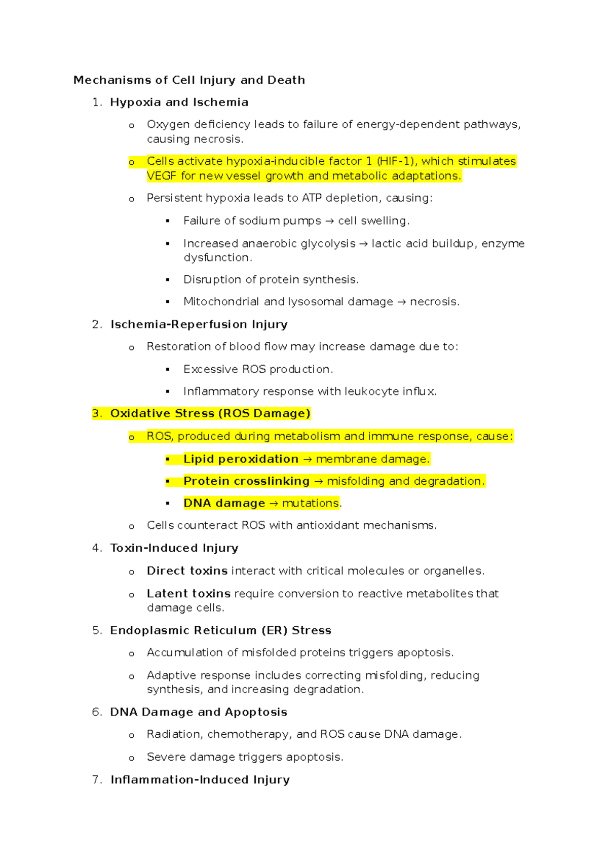 Pathology Summary: Mechanisms of Cell Injury and Inflammation (Path 101 ...